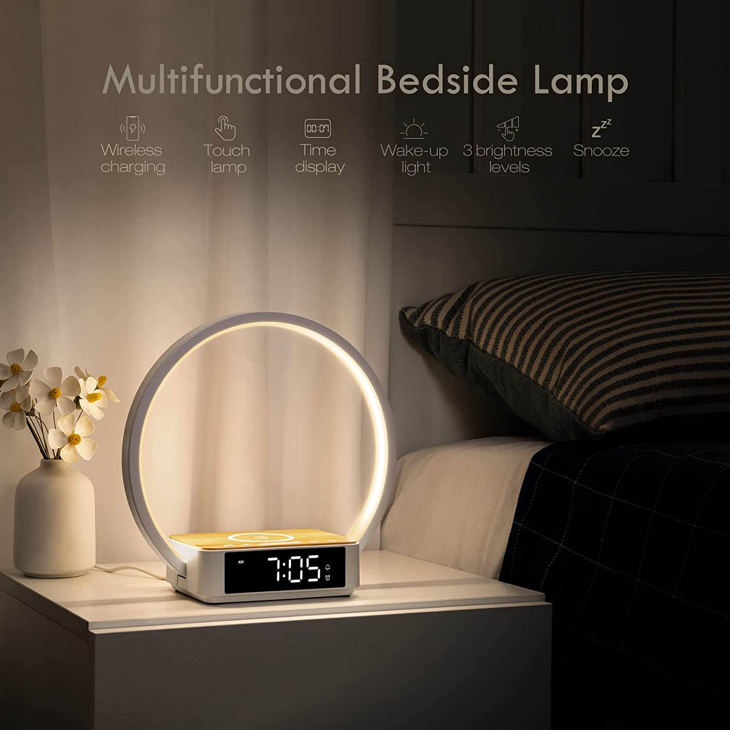 Lampa de noptiera WILIT, tactila cu incarcator wireless, ceas, LED cu 3 ...