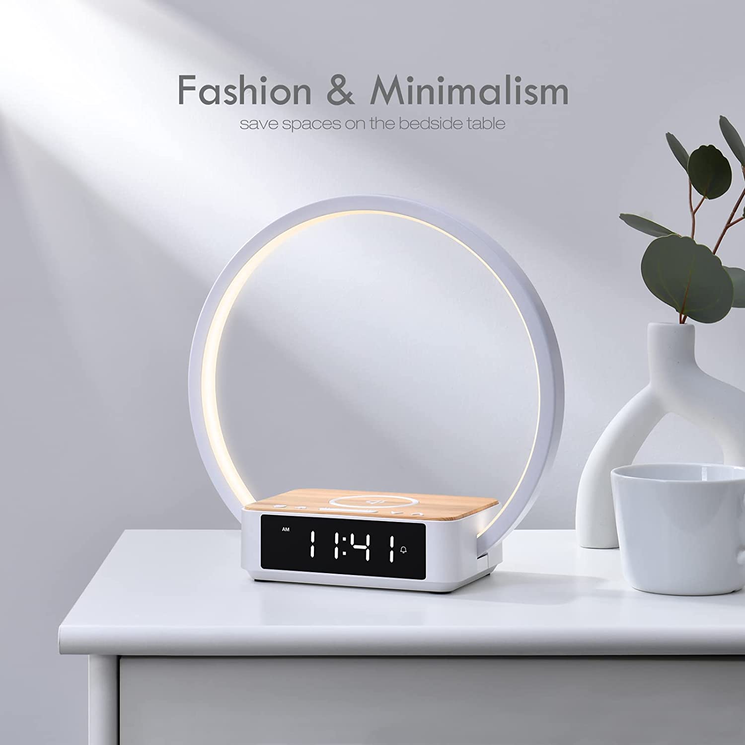 Lampa de noptiera WILIT, tactila cu incarcator wireless, ceas, LED cu 3 ...