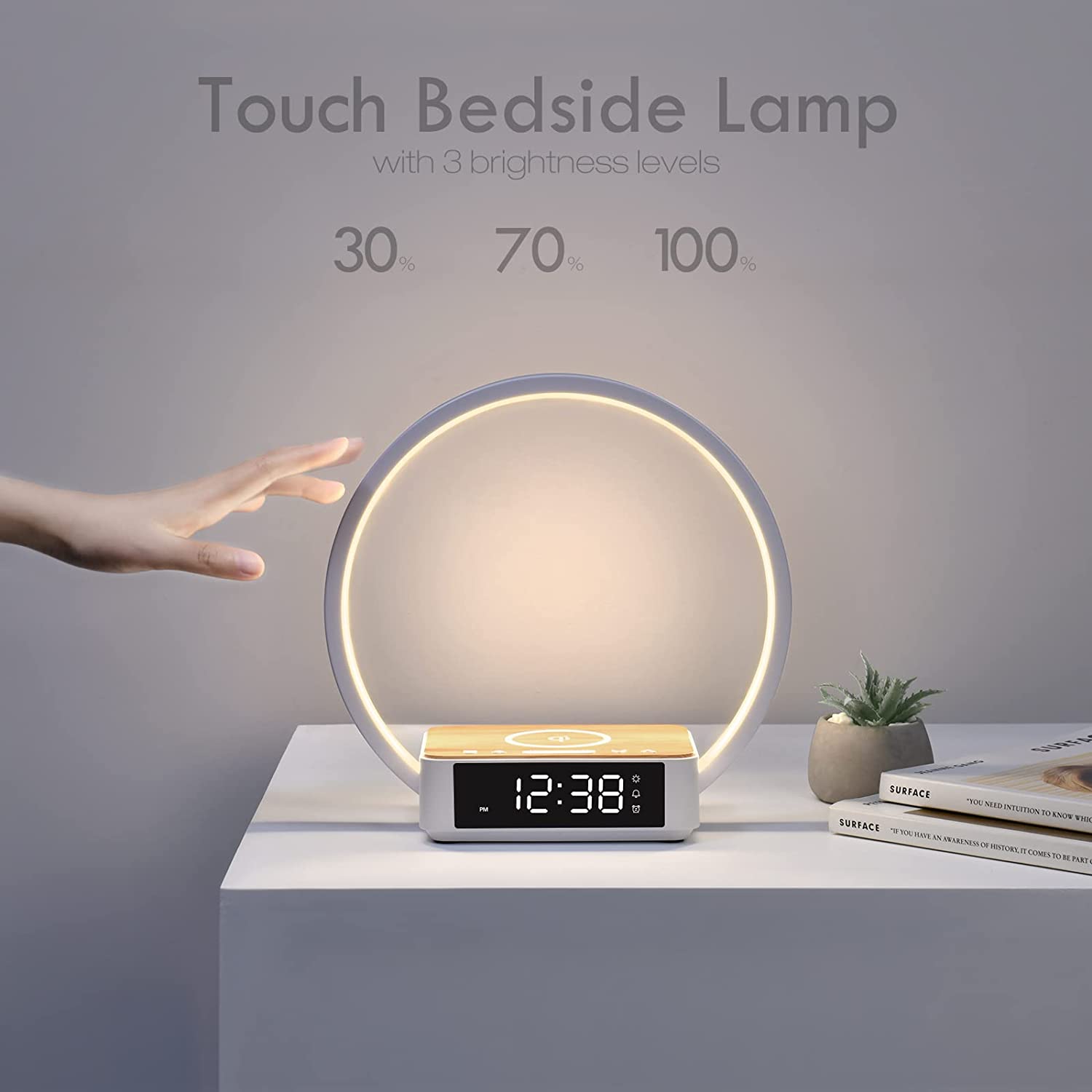 Lampa de noptiera WILIT, tactila cu incarcator wireless, ceas, LED cu 3 ...