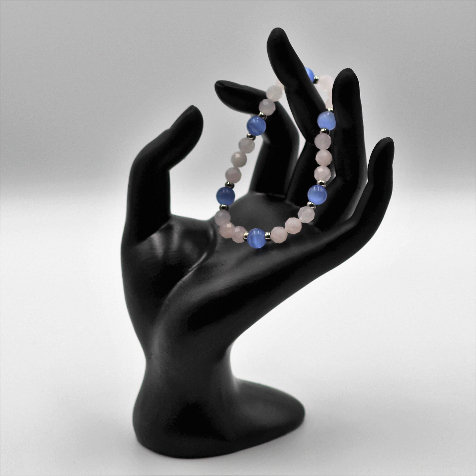 Bratara din pietre semipretioase cuart roz mat, ochi de pisica albastru ...