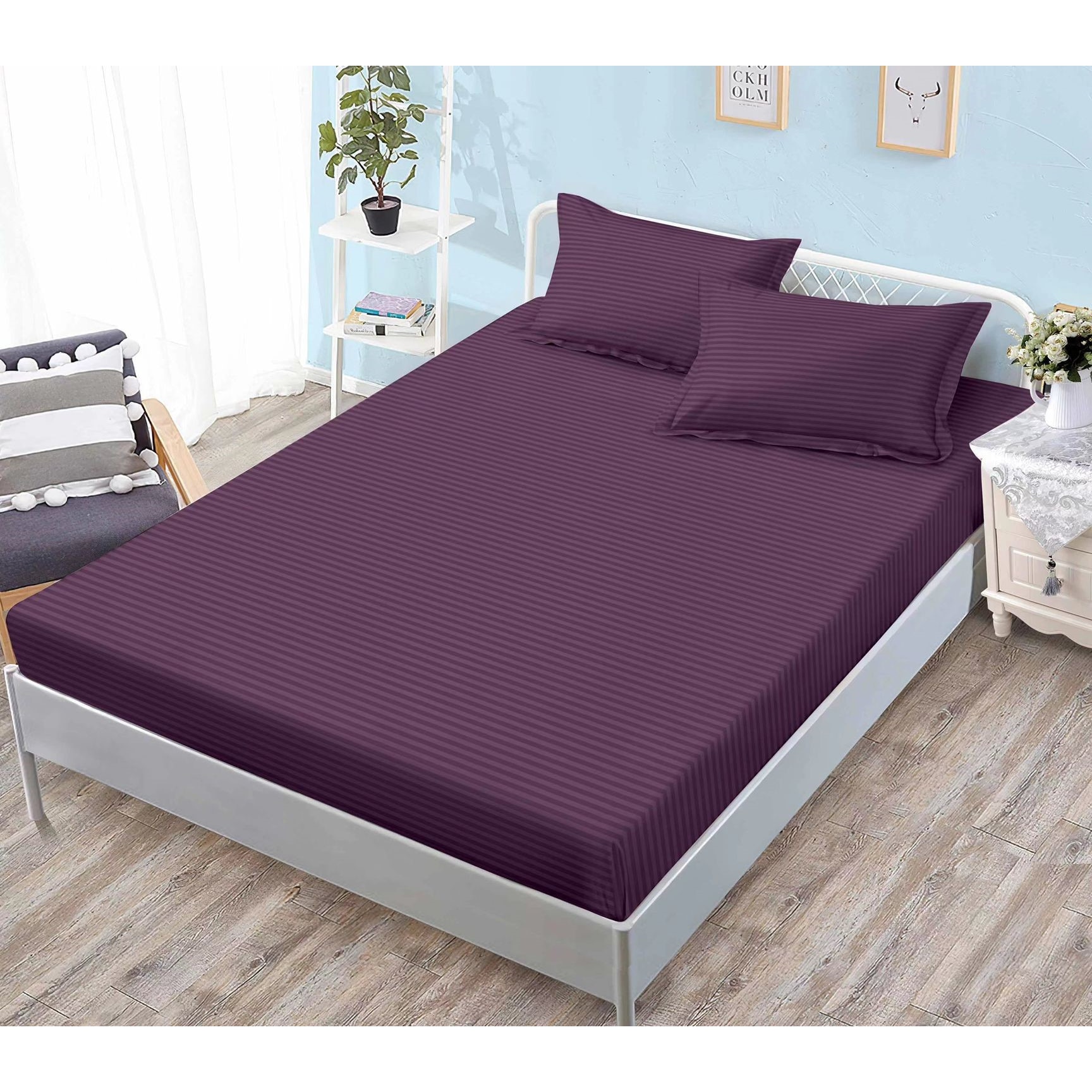 Set Cearceaf de Pat cu Elastic pentru Pat Dublu, Damasc, 3 Piese, 2 ...