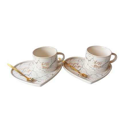 Set 2 cesti de cafea cu suport in forma de inima, Enjoy life, Crem ...