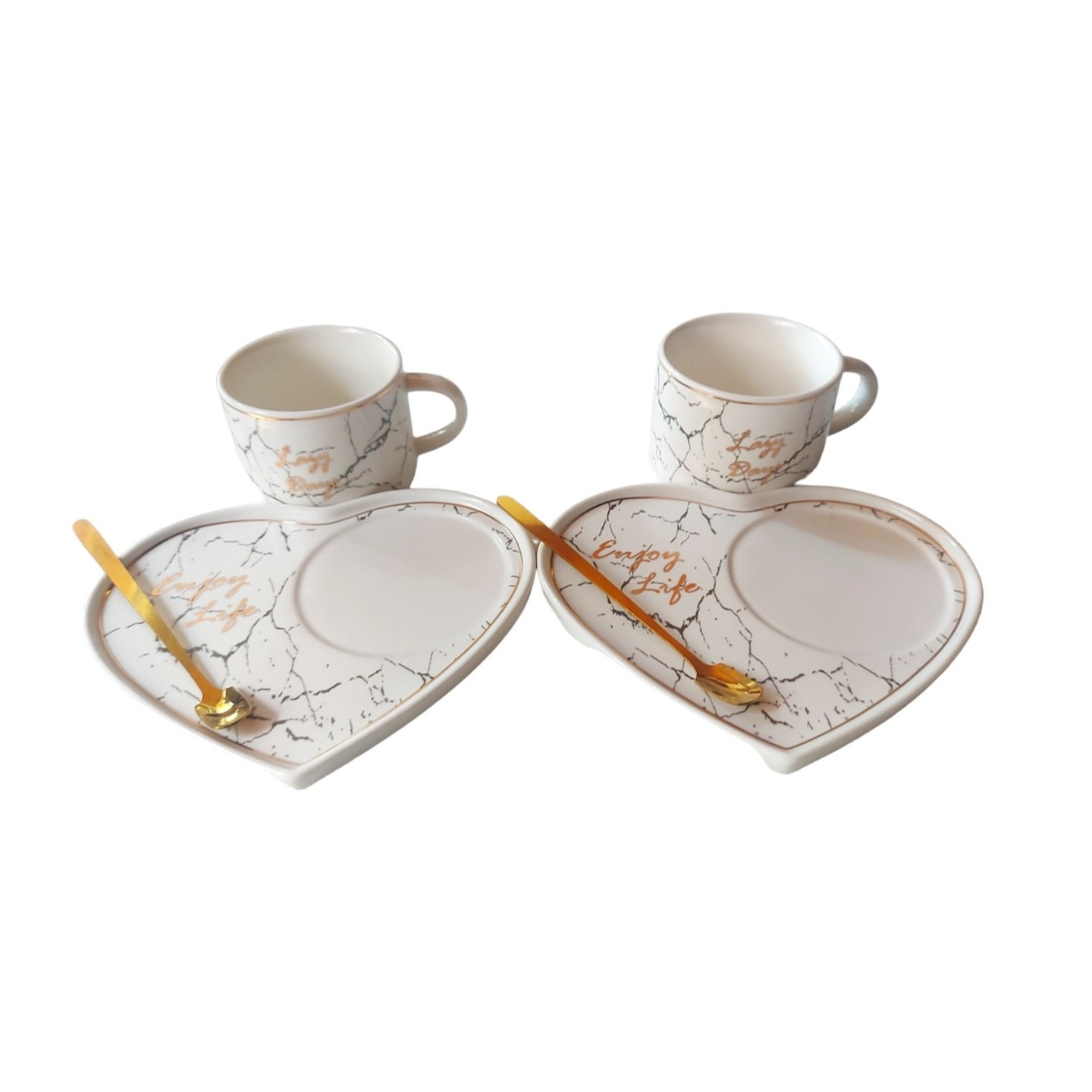 Set 2 cesti de cafea cu suport in forma de inima, Enjoy life, Crem ...