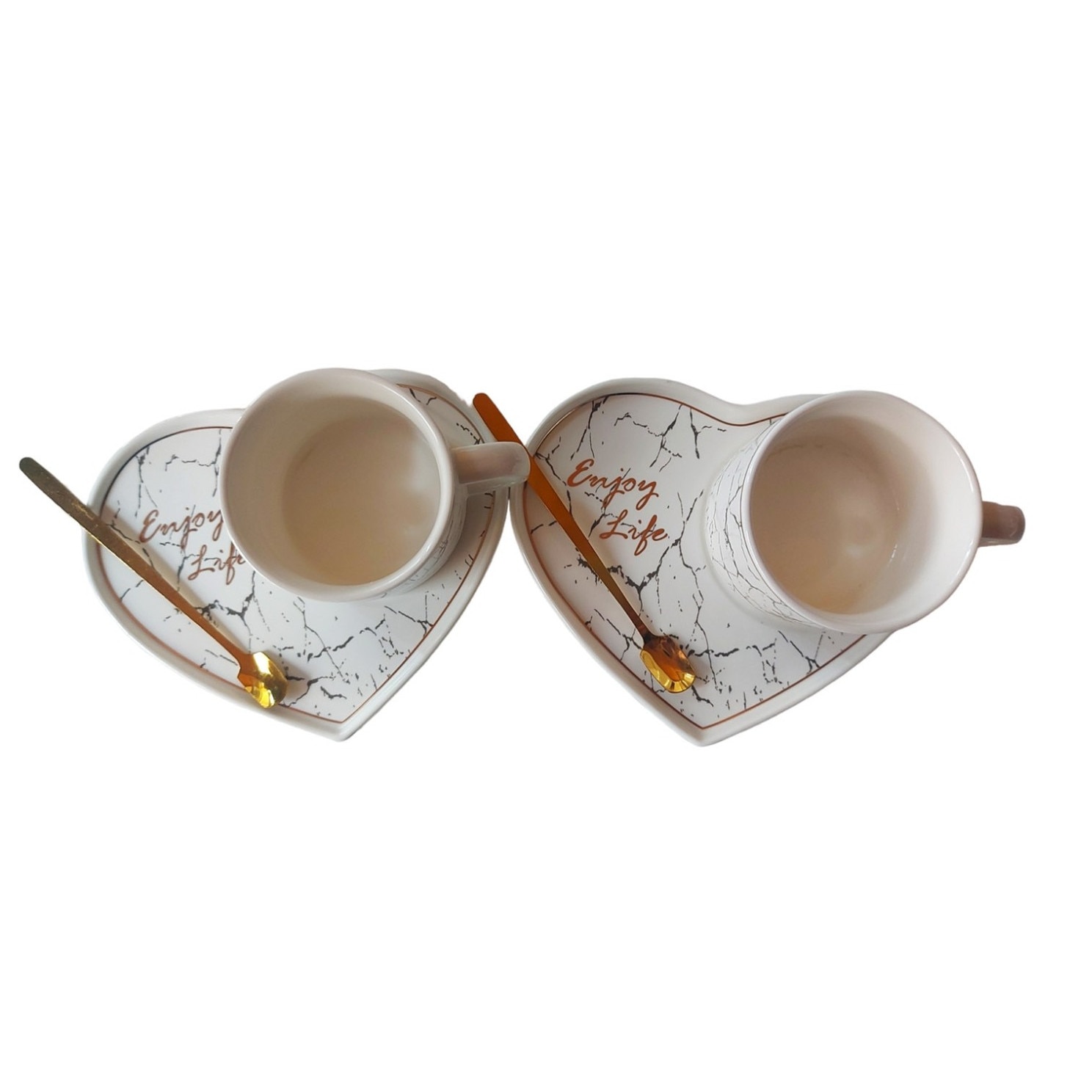 Set 2 cesti de cafea cu suport in forma de inima, Enjoy life, Crem ...