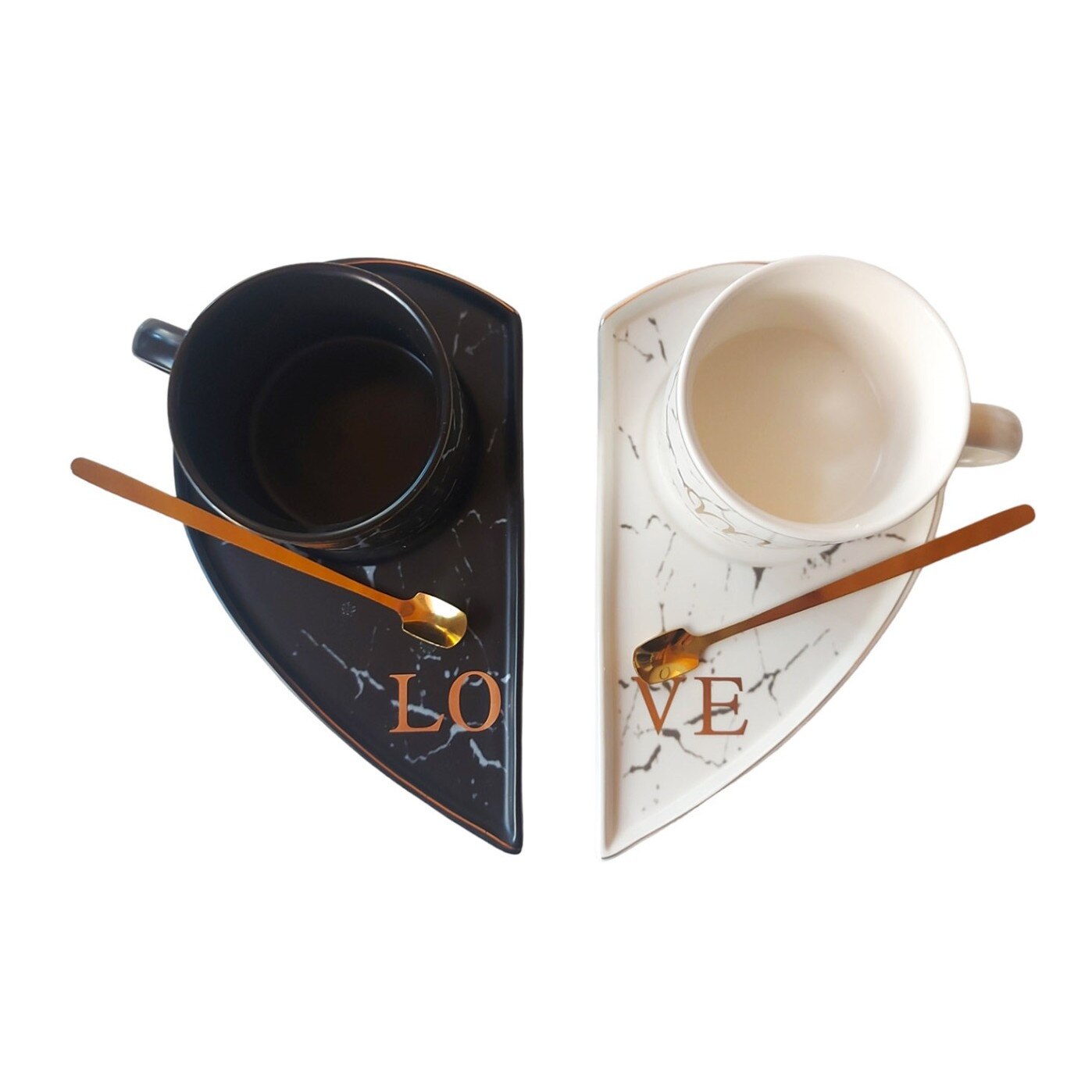 Set 2 cesti de cafea cu suport in forma de inima, Love, Mr, Mrs, 101MK ...