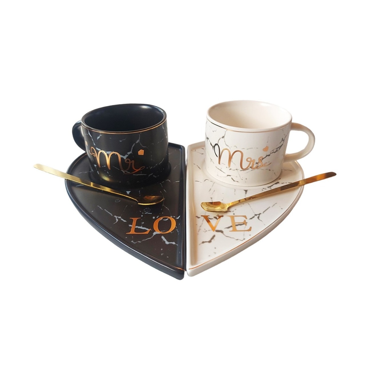 Set 2 cesti de cafea cu suport in forma de inima, Love, Mr, Mrs, 101MK ...