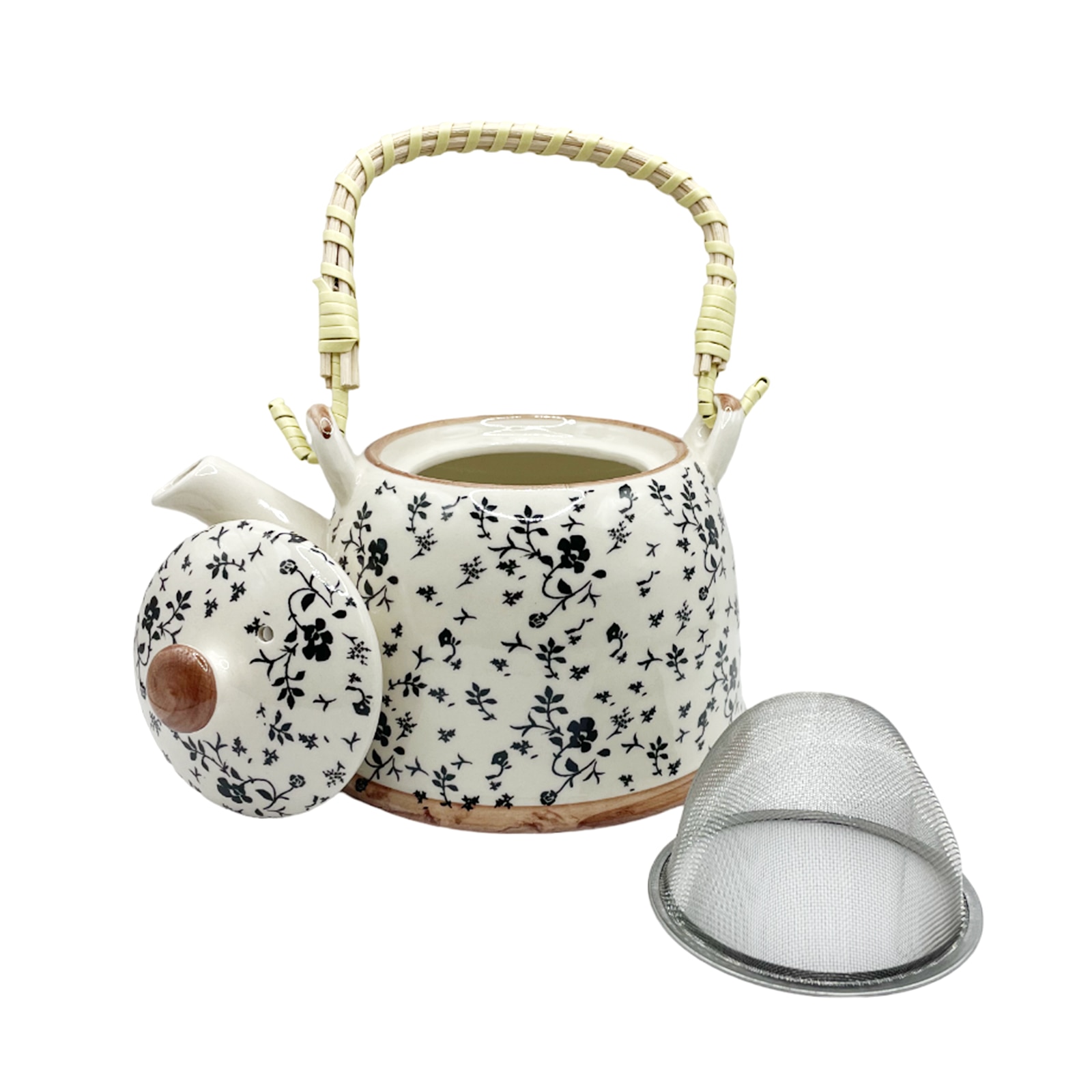 Ceainic cu infuzor Yara 800ml, Crem / Negru, Portelan, Maner bambus ...