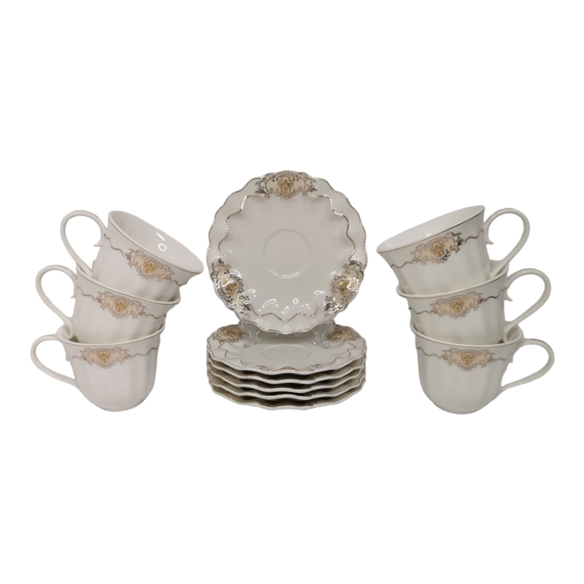 Set 6 cesti cu 6 farfurioare portelan, 180 ml, Malooki Luxury ...