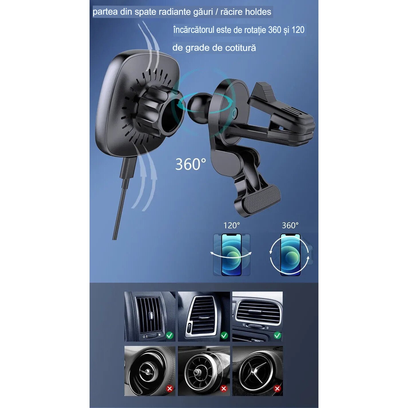 Incarcator Auto Wireless, compatibil Magsafe, Fast Charge 15W, rotire ...