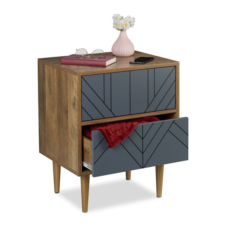 Noptiera cu 2 sertare, design modern, MDF/lemn, maro/gri, 59,5 x 48 x ...