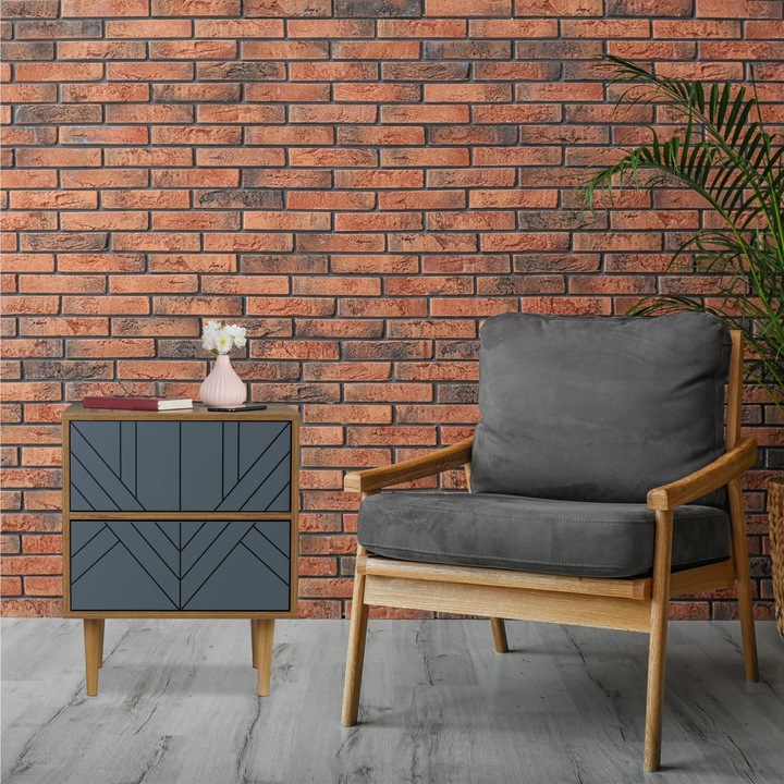 Noptiera cu 2 sertare, design modern, MDF/lemn, maro/gri, 59,5 x 48 x ...