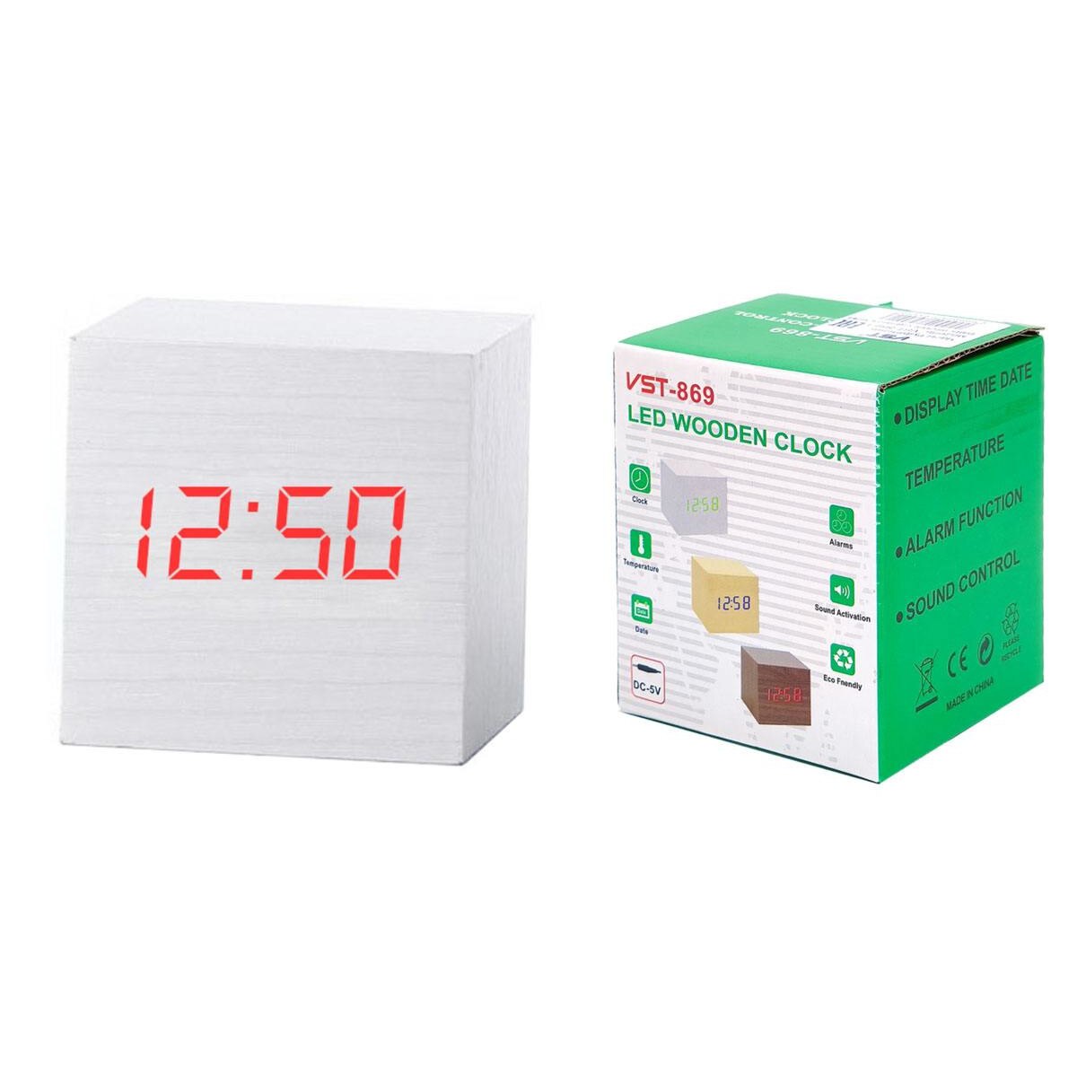 Mini Ceas Digital de Birou Aspect Lemn Data Ora si Temperatura LED rosu ...