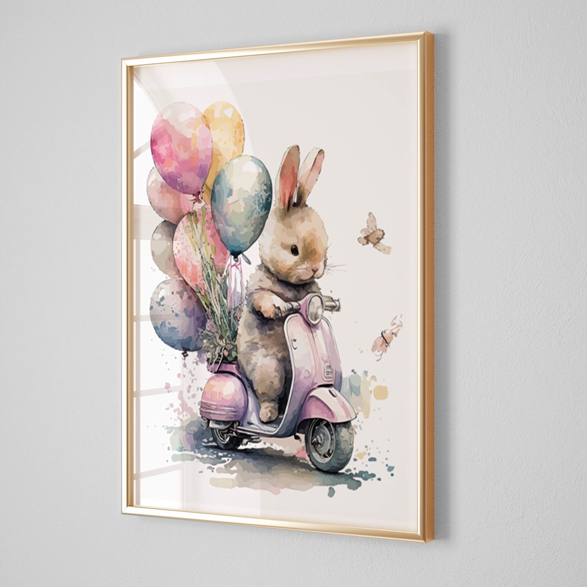 Set 2 Tablouri poster camera copii, desen iepuras pe scoter cu baloane ...