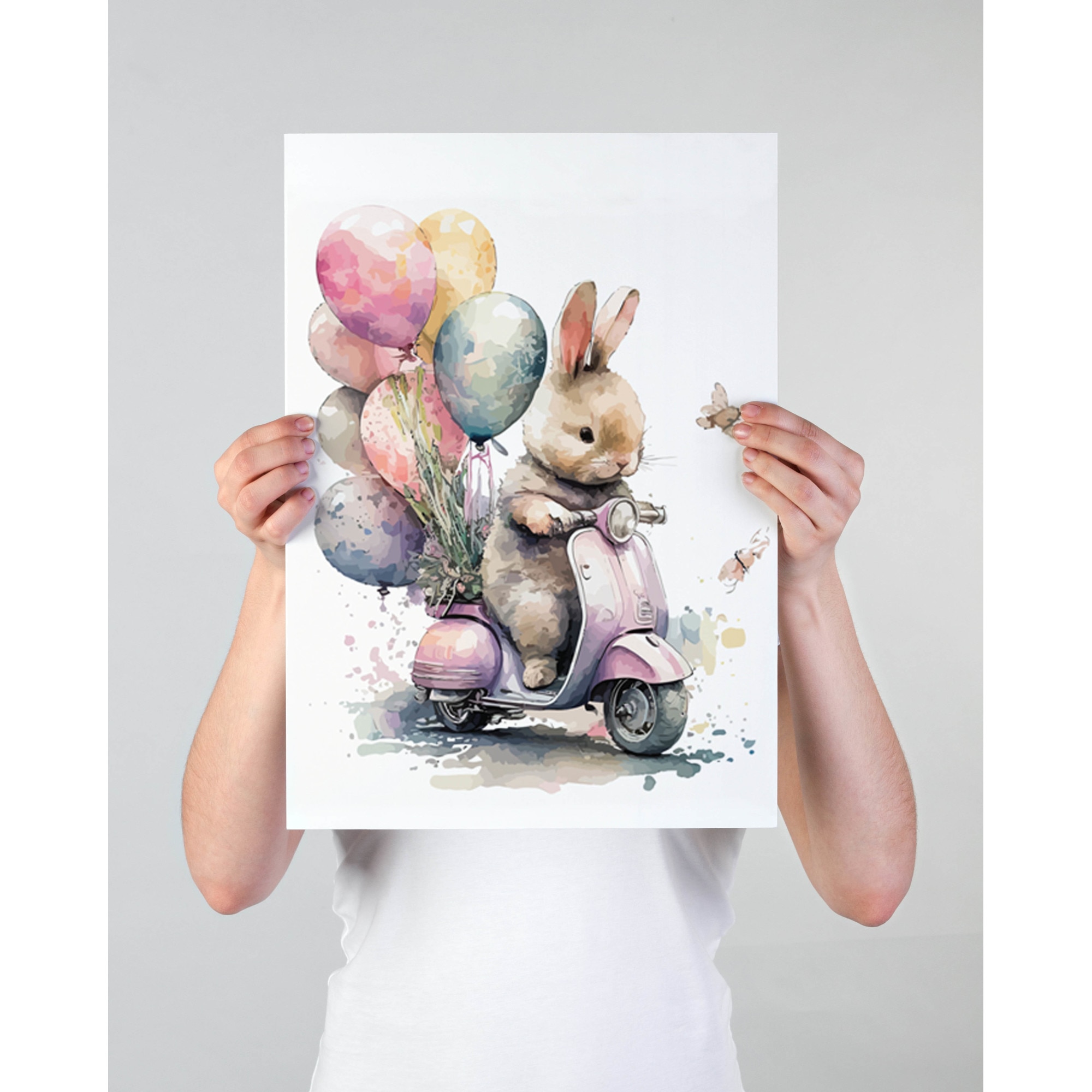 Set 2 Tablouri poster camera copii, desen iepuras pe scoter cu baloane ...