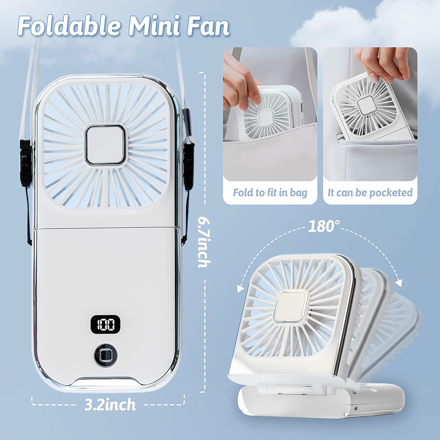 Ventilator portabil pentru gat, Reincarcabil prin USB, Afisaj digital, 3000mAh, Pliabil la 180 ...
