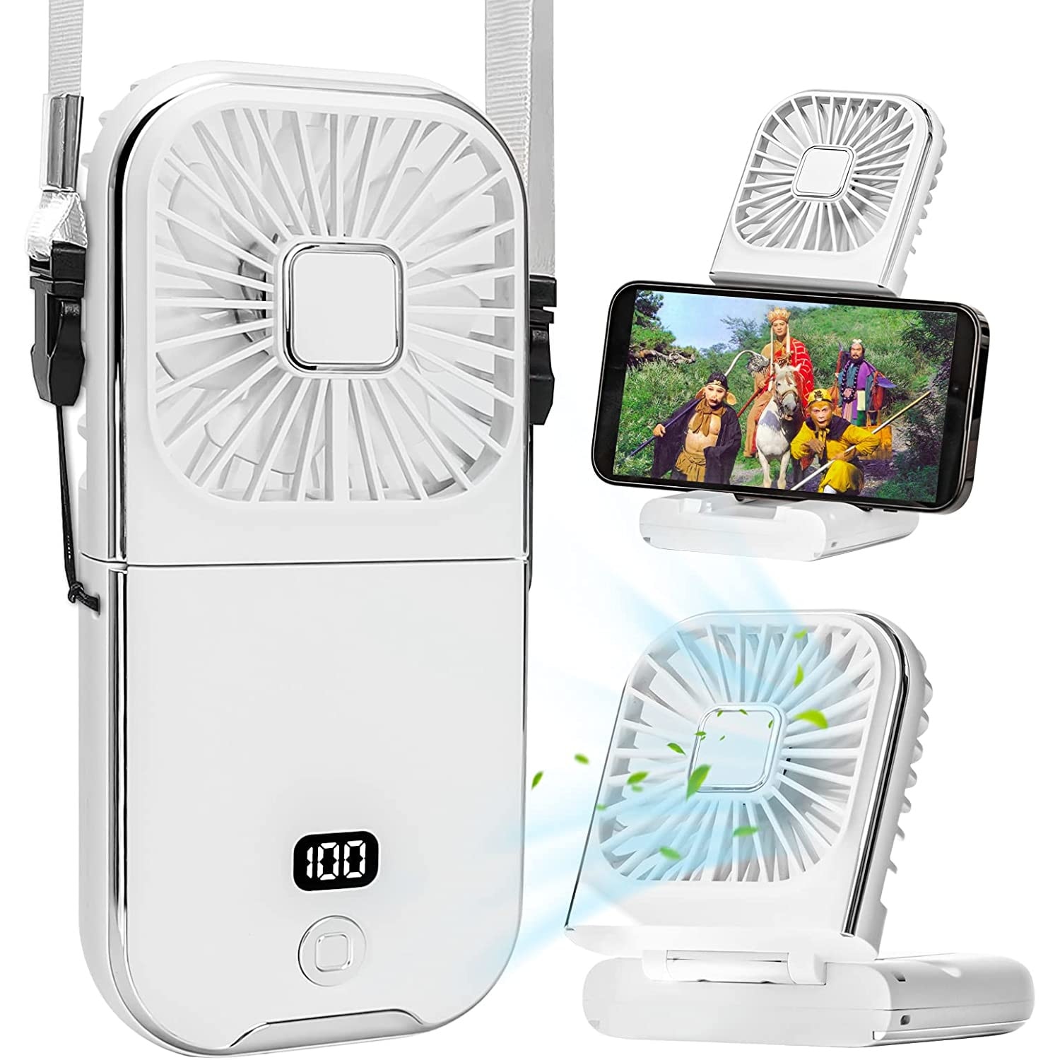 Ventilator portabil pentru gat, Reincarcabil prin USB, Afisaj digital, 3000mAh, Pliabil la 180 ...