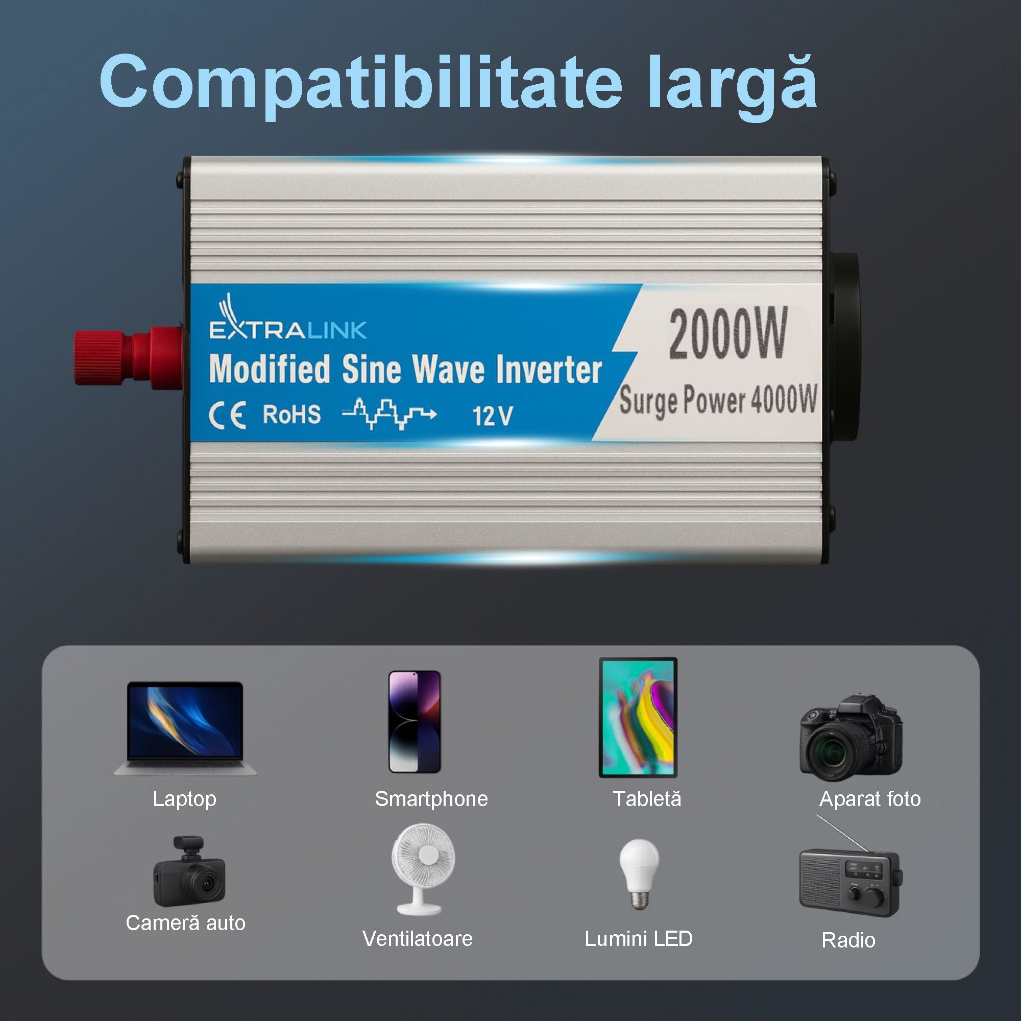 EXTRALINK Invertor 12V la 230V Modificat Sinsus 2000W 4000W varf - convertor de tensiune cu USB ...