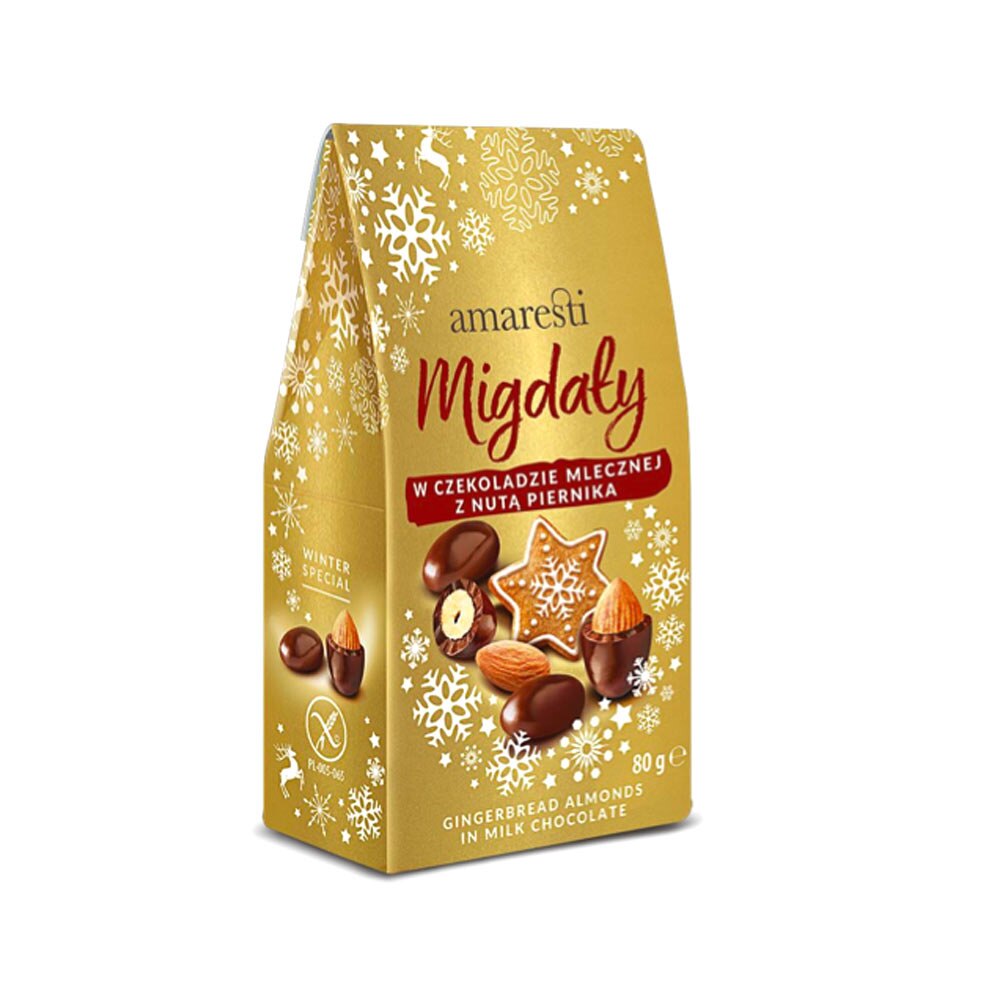 Migdale prajite in ciocolata cu lapte si turta dulce, Amaresti, 80 g ...