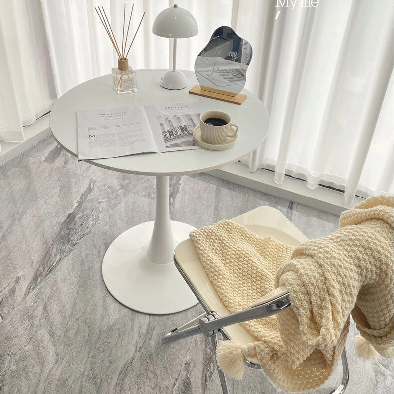 Masa laterala rotunda pentru cafea, minimalista si eleganta, alb lucios ...