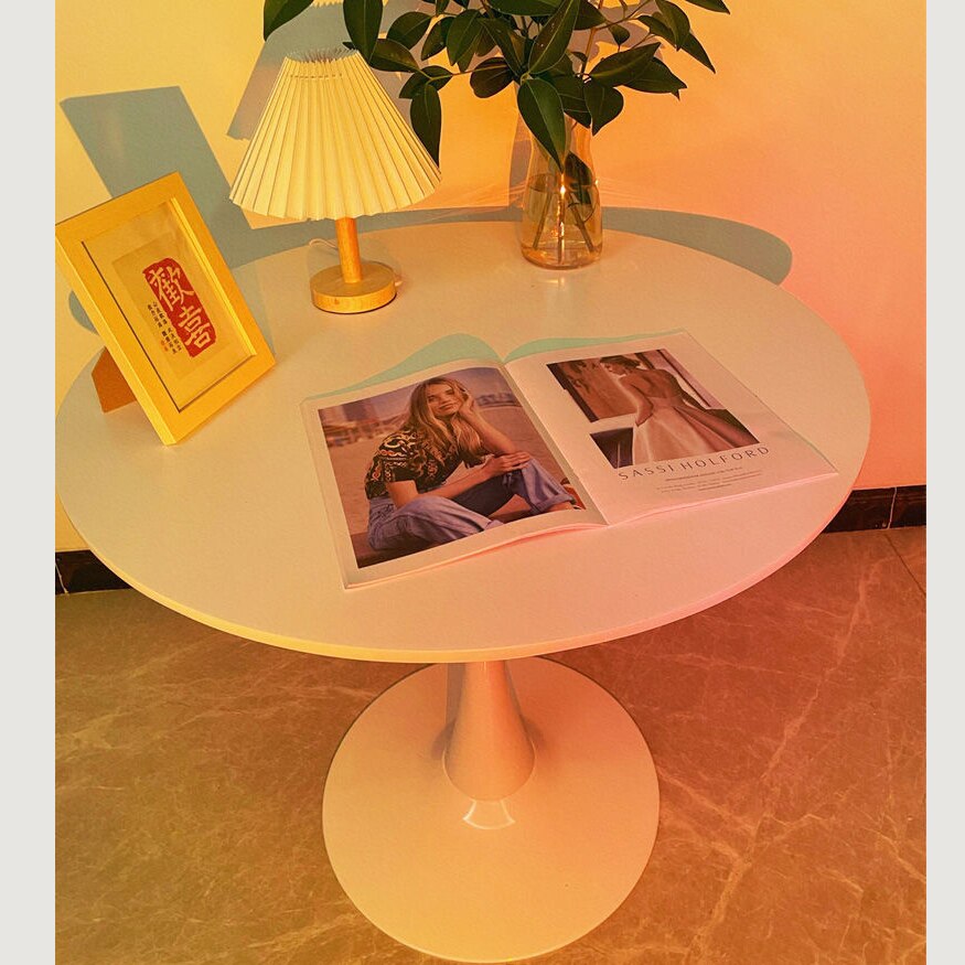 Masa laterala rotunda pentru cafea, minimalista si eleganta, alb lucios ...