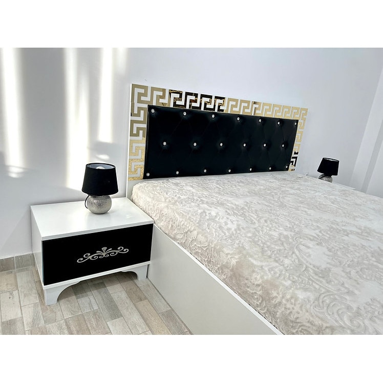 Set Pat COD103 cu Noptiere, Alb+Negru, 160x200cm, suport saltea inclus ...
