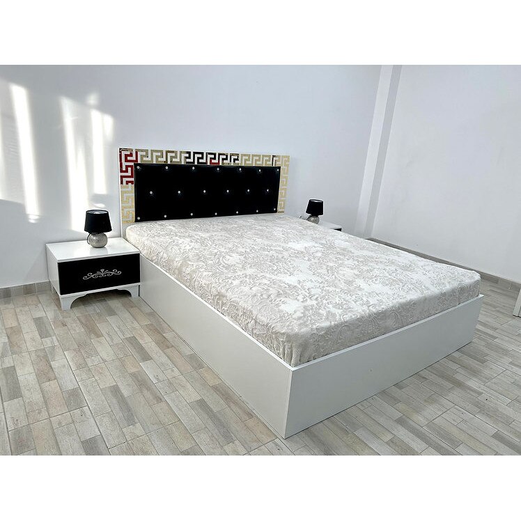 Set Pat COD103 cu Noptiere, Alb+Negru, 160x200cm, suport saltea inclus ...