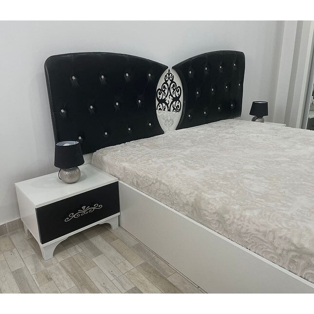 Set Pat COD102 cu Noptiere, Alb+Negru, 160x200cm, suport saltea inclus ...