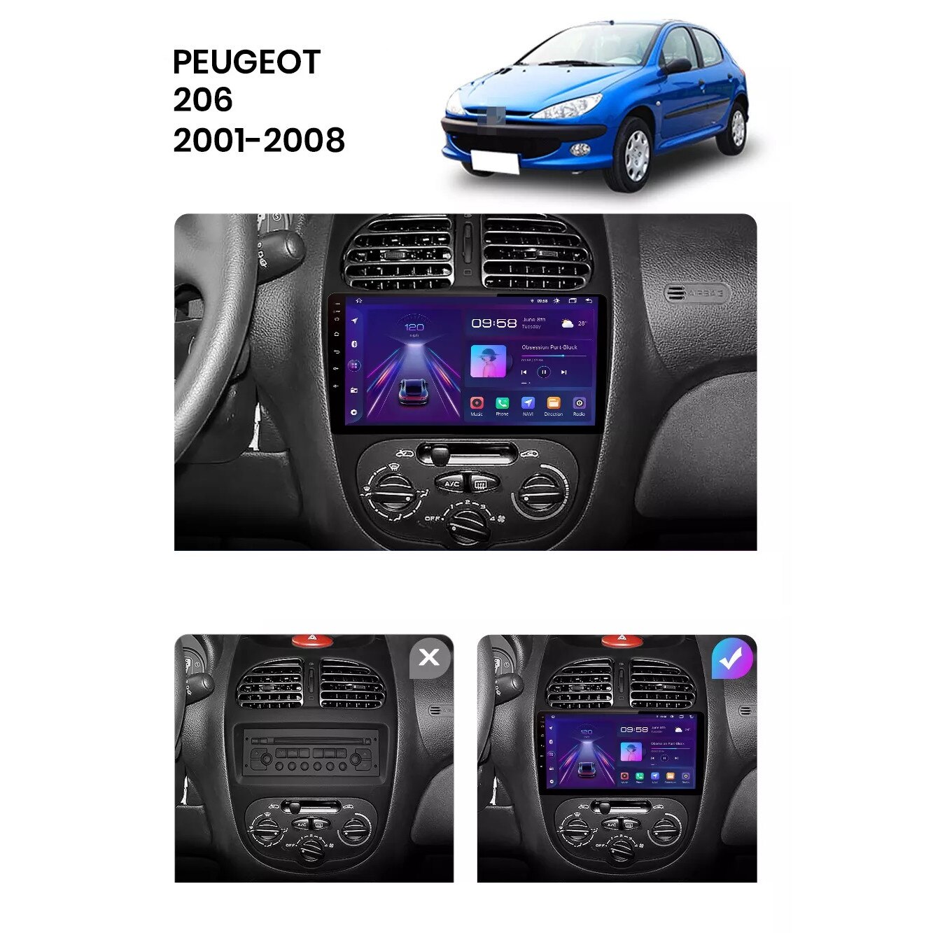 Navigatie Peugeot 206 2001-2008, Android 12, 1GB RAM 32GB, google maps ...