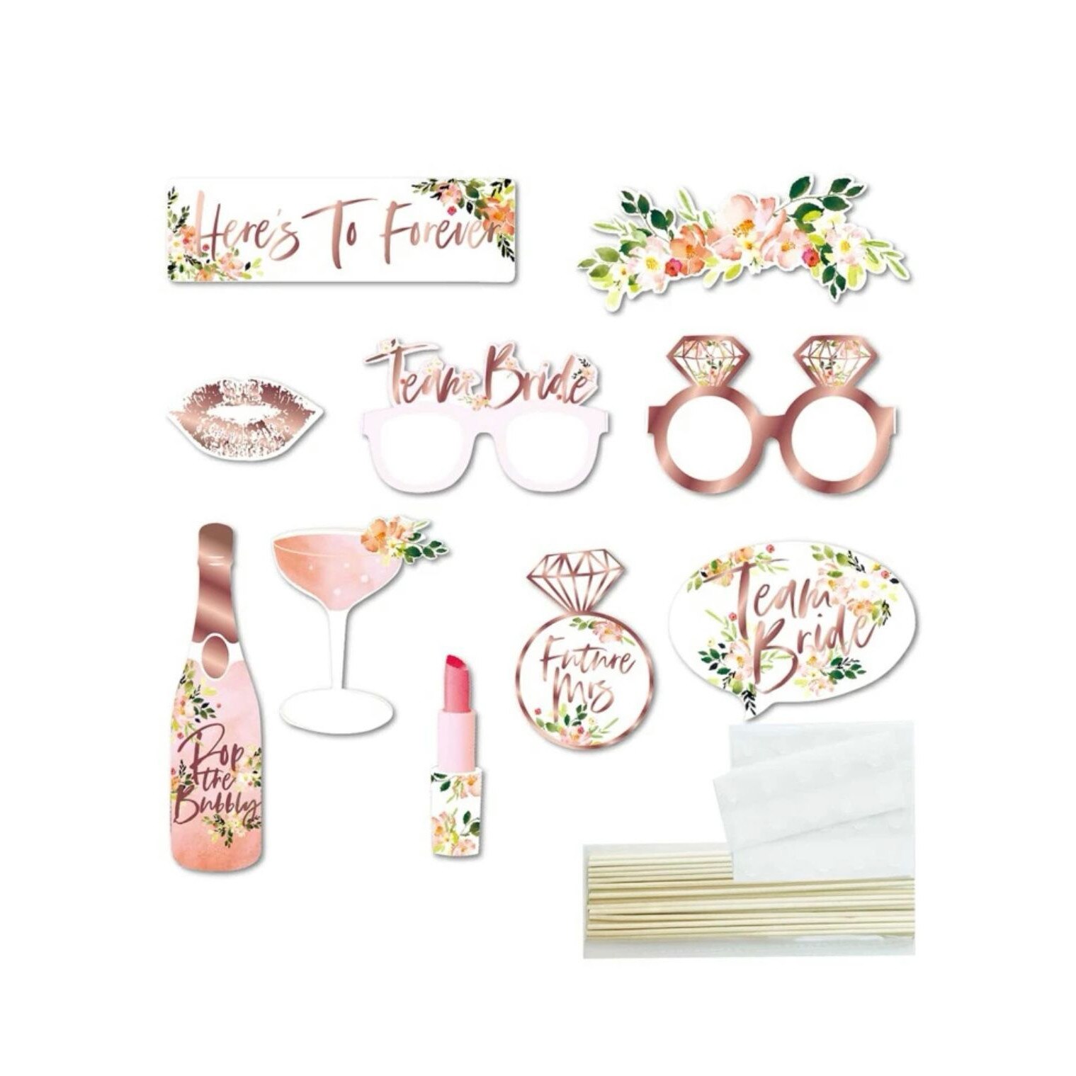 Set 10 sabloane foto props Team bride, model floral Roz/Verde - eMAG.ro