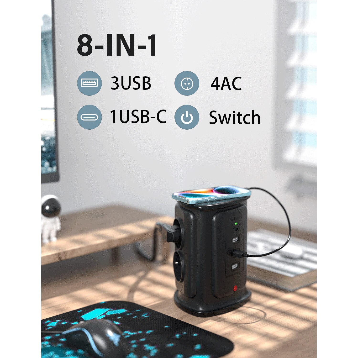 Prelungitor tip turn, SAFEMORE, 4 prize, 4xUSB/USB-C, PD Fast changer,2 ...