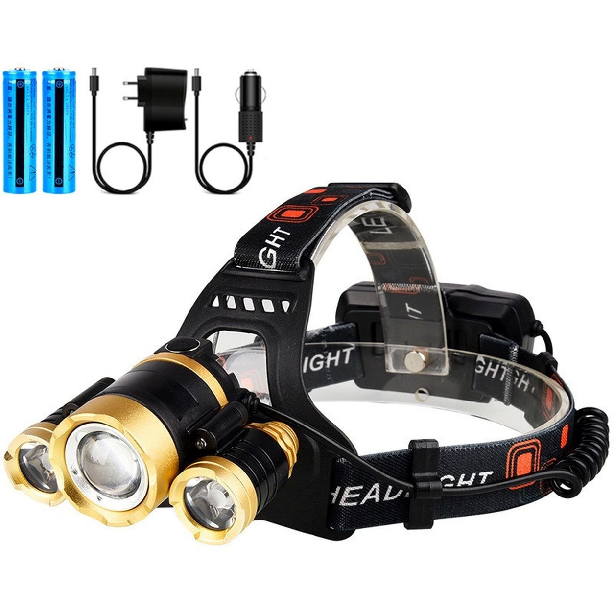 Set lanterna pentru cap, LED, 2x baterii, 2x Incarcator, Negru/Auriu ...