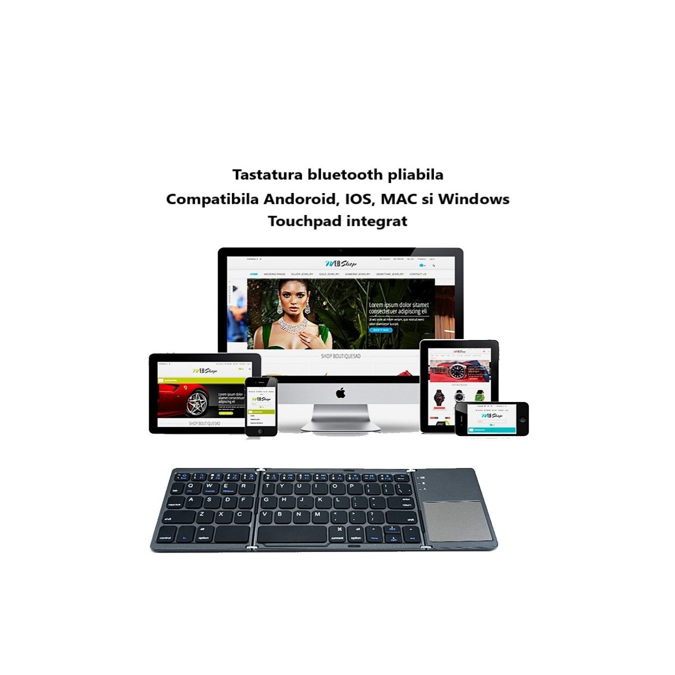 Tastatura Bluetooth pliabila, compacta, wireless cu touchpad integrat ...