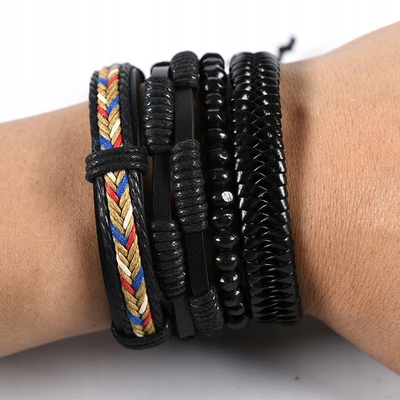 Set bratari pentru barbati, Piele naturala, 4 buc, Multicolor - eMAG.ro