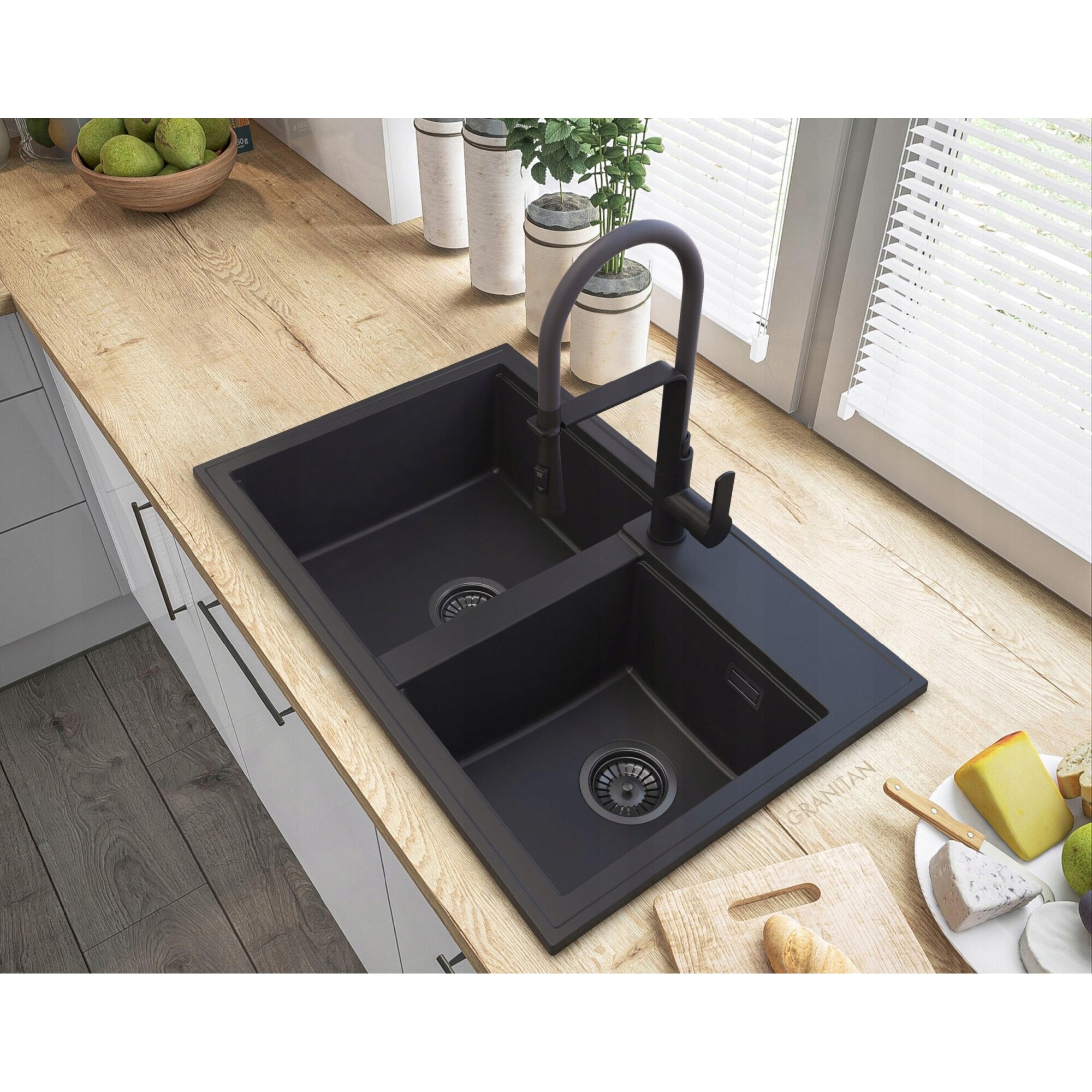 Set chiuveta si sifon bucatarie, Granitan, Granit, 800 x 500mm, Negru ...