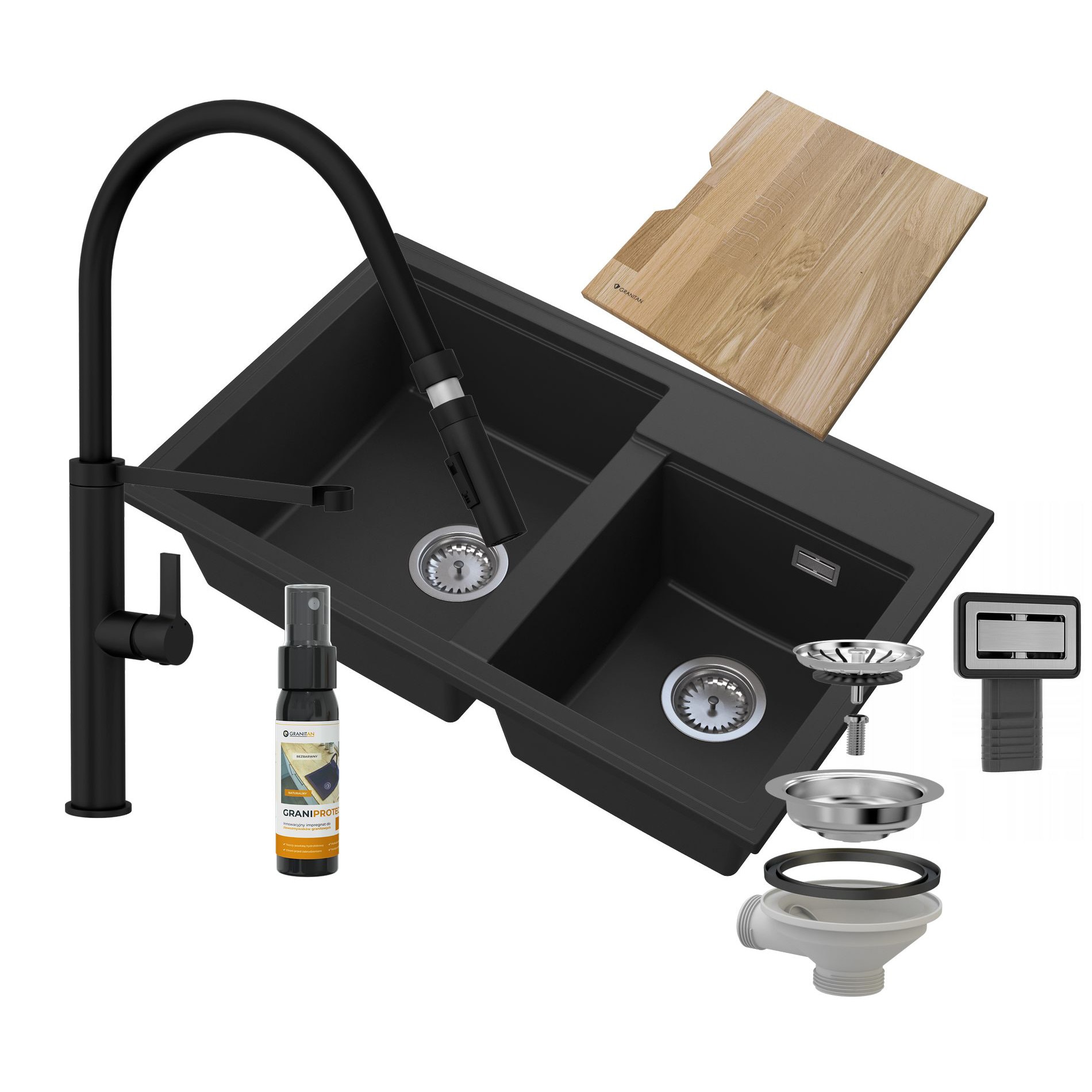 Set chiuveta bucatarie, Granitan, Granit, 800 x 500mm, Negru - eMAG.ro