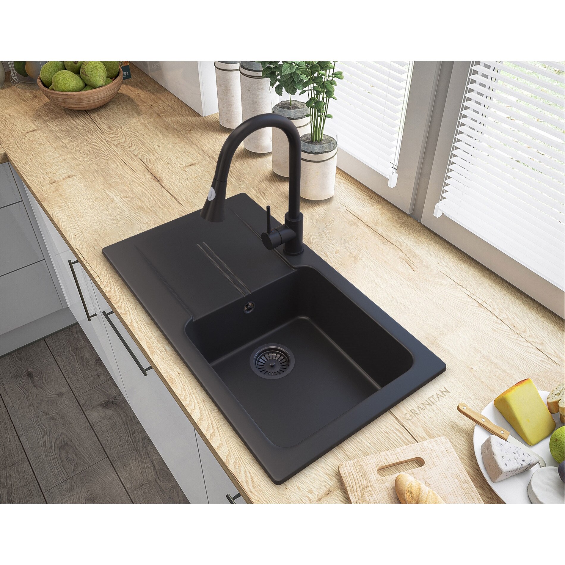 Set chiuveta bucatarie, Granitan, Granit, 780 x 440mm, Negru - eMAG.ro