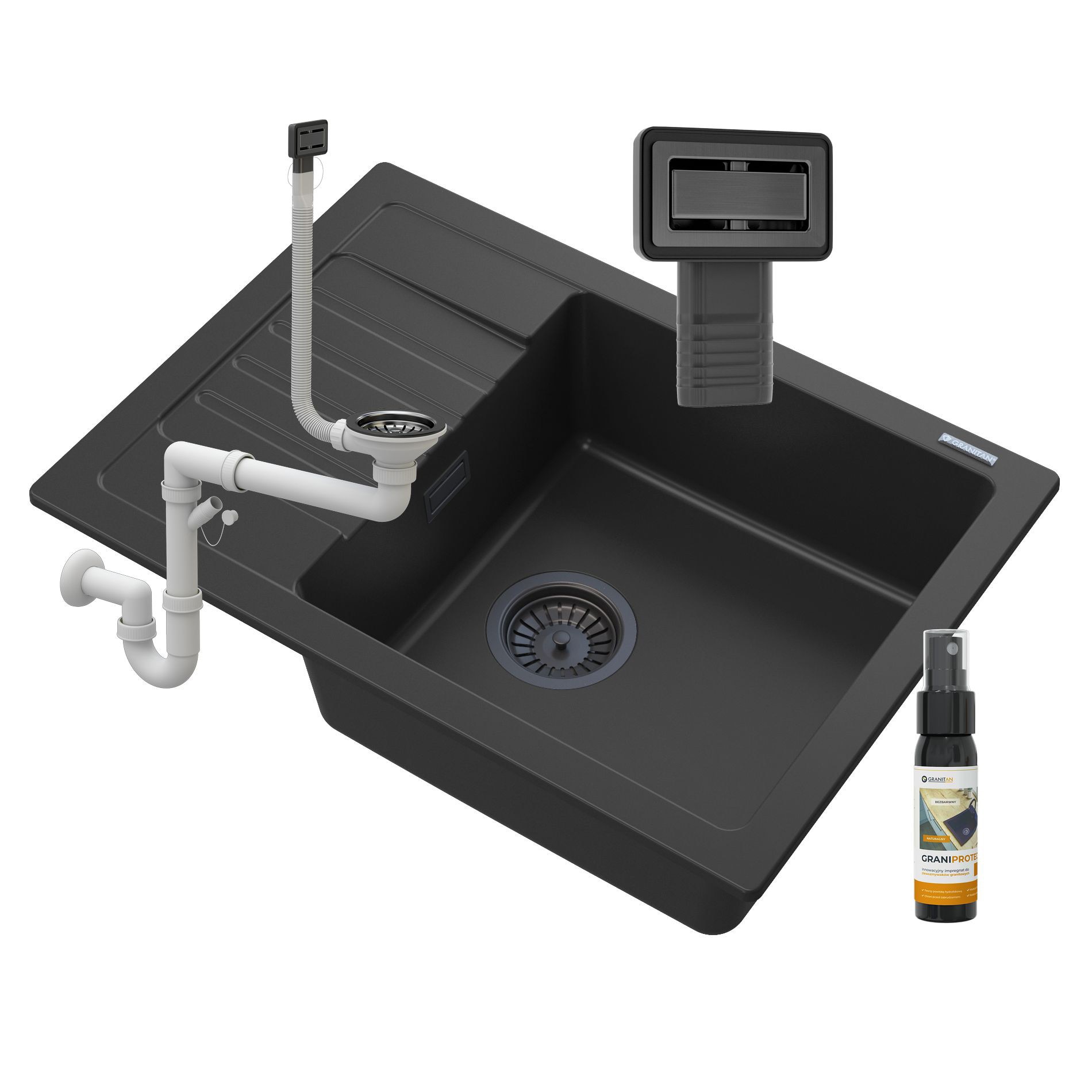 Set chiuveta bucatarie, Granitan, Granit, 620 x 440mm, Negru - eMAG.ro
