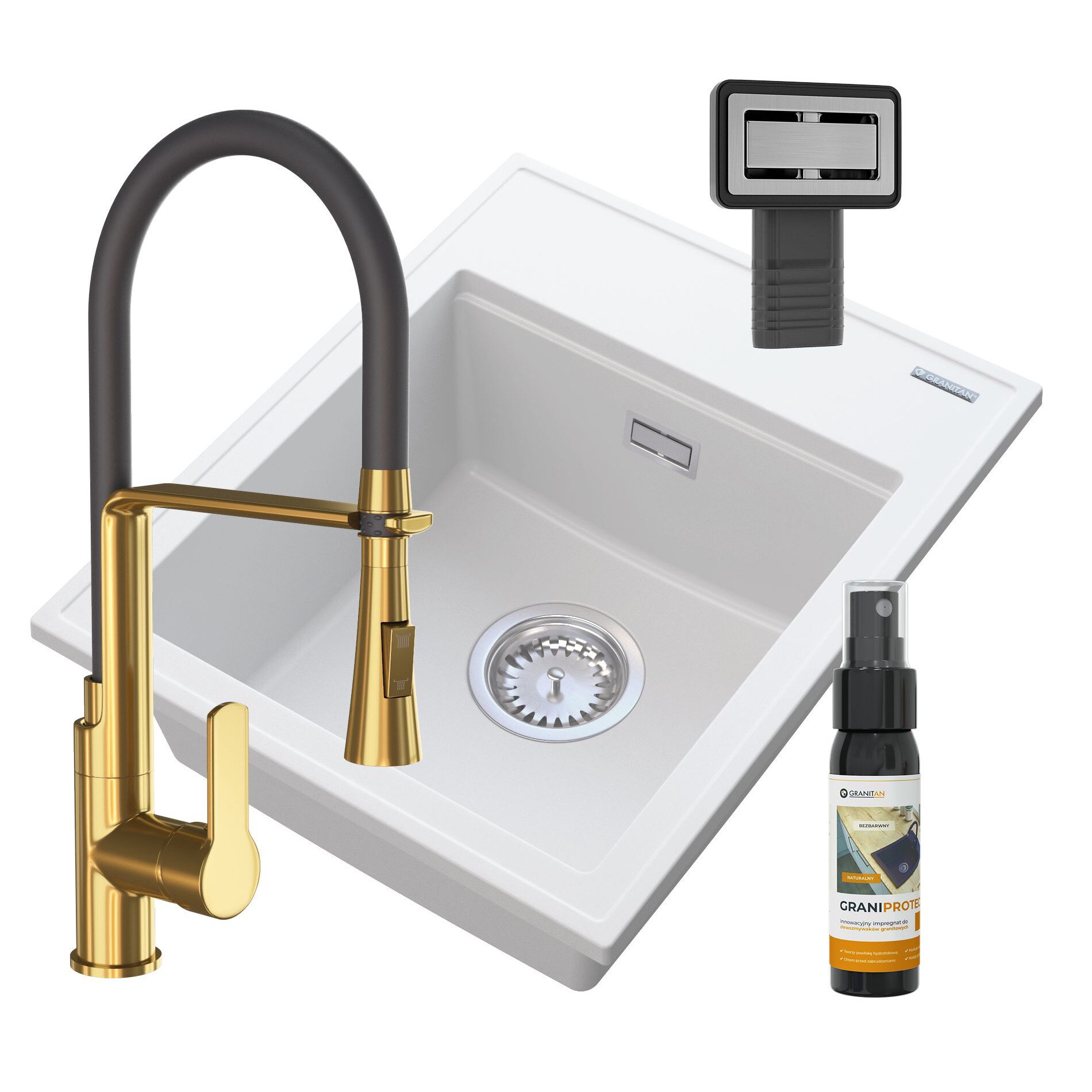 Set chiuveta bucatarie, GRANITAN, Granit, 500 x 400mm, Alb - eMAG.ro