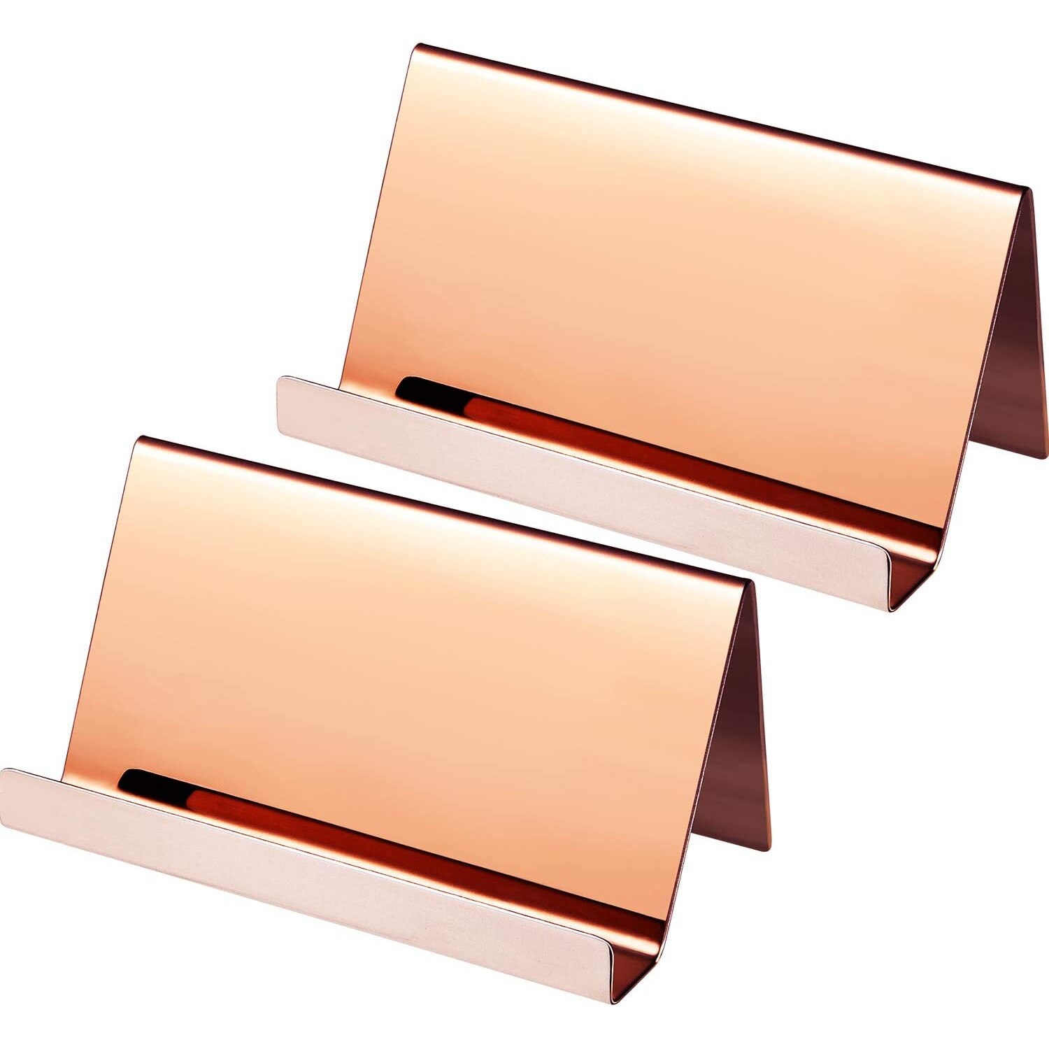Set 2 suporturi pentru carti de vizita, Aluminiu, 9x5x4.5cm, Roz auriu ...