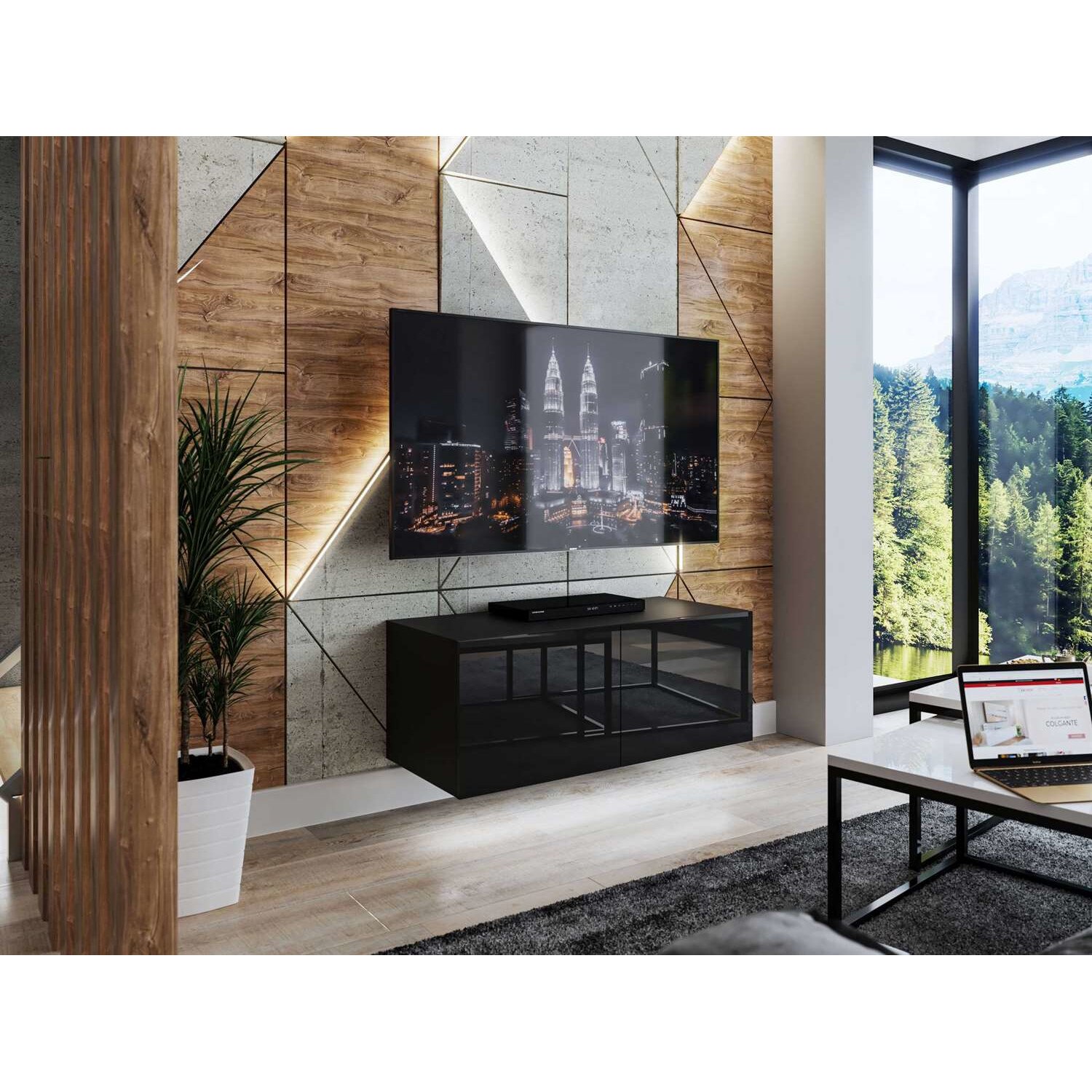 Mobilier TV COLGANTE 100, Lukmebel, Suspendat, Negru/ Negru Luciu ...