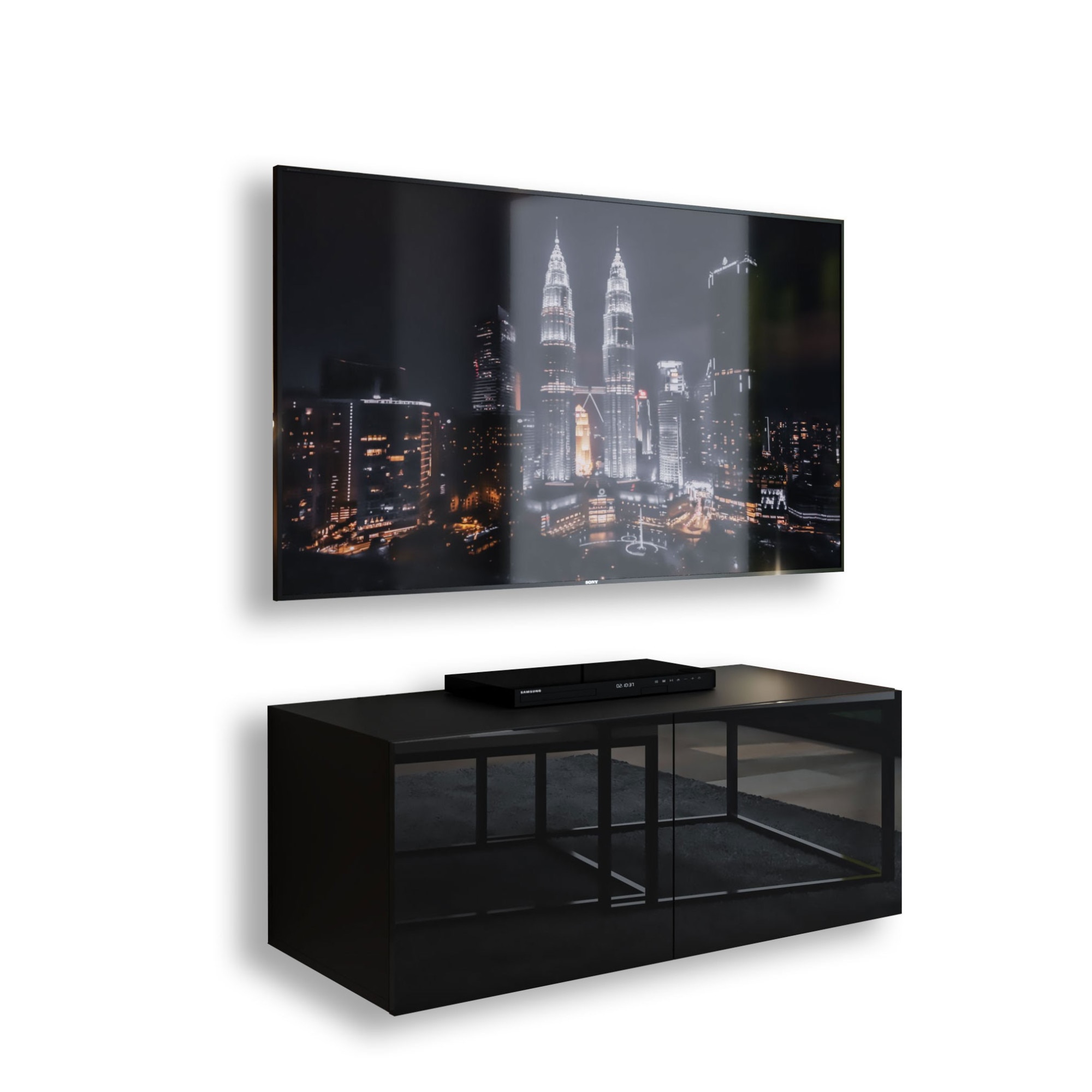 Mobilier TV COLGANTE 100, Lukmebel, Suspendat, Negru/ Negru Luciu ...