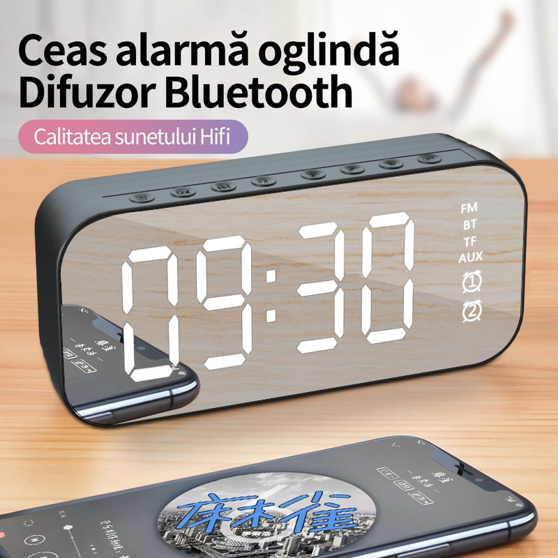 Ceas desteptator digital cu difuzor Bluetooth, Moonhaven, LED, Negru ...