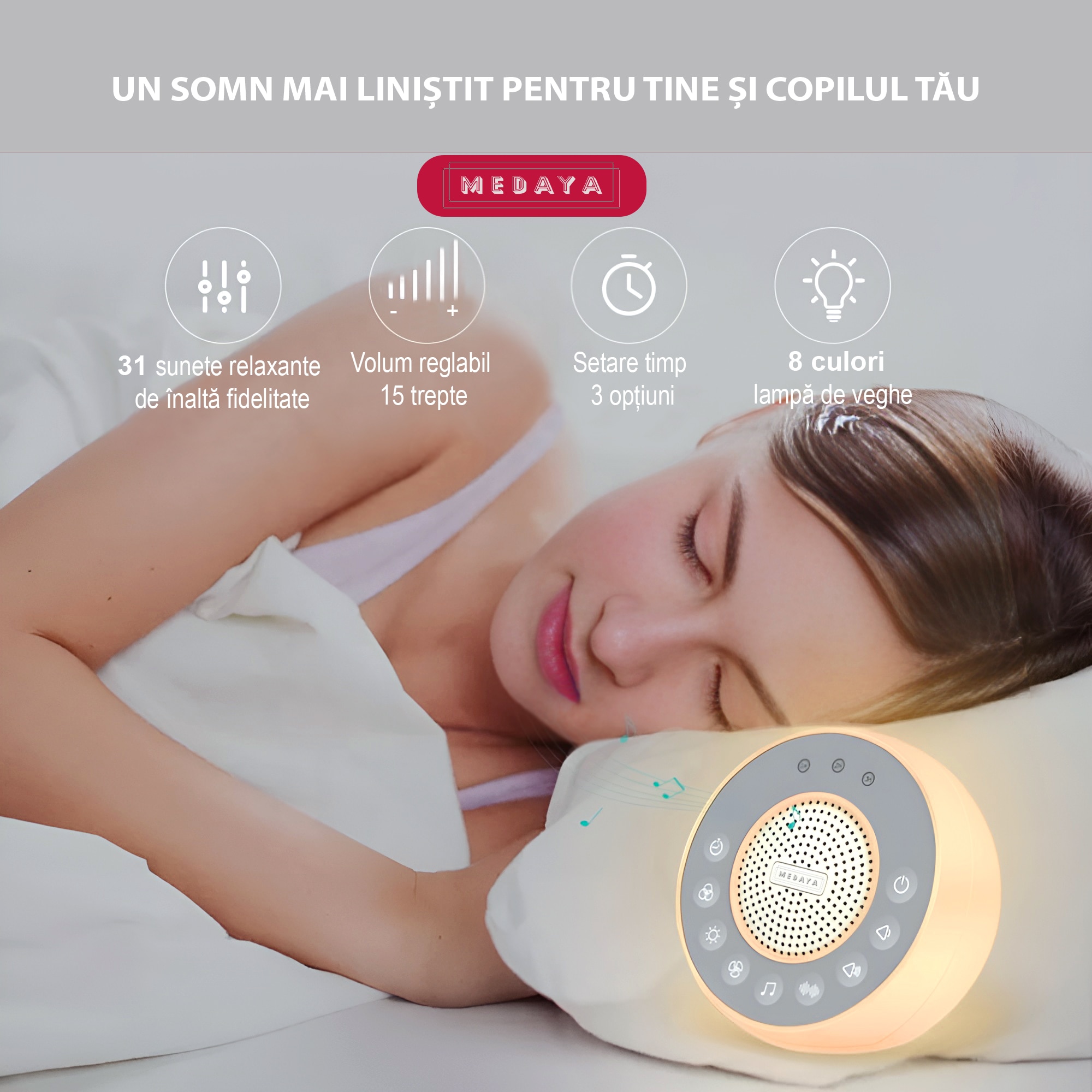 Dispozitiv Medaya 2 in 1, 31 sunete HD naturale, White Noise, de leagan ...