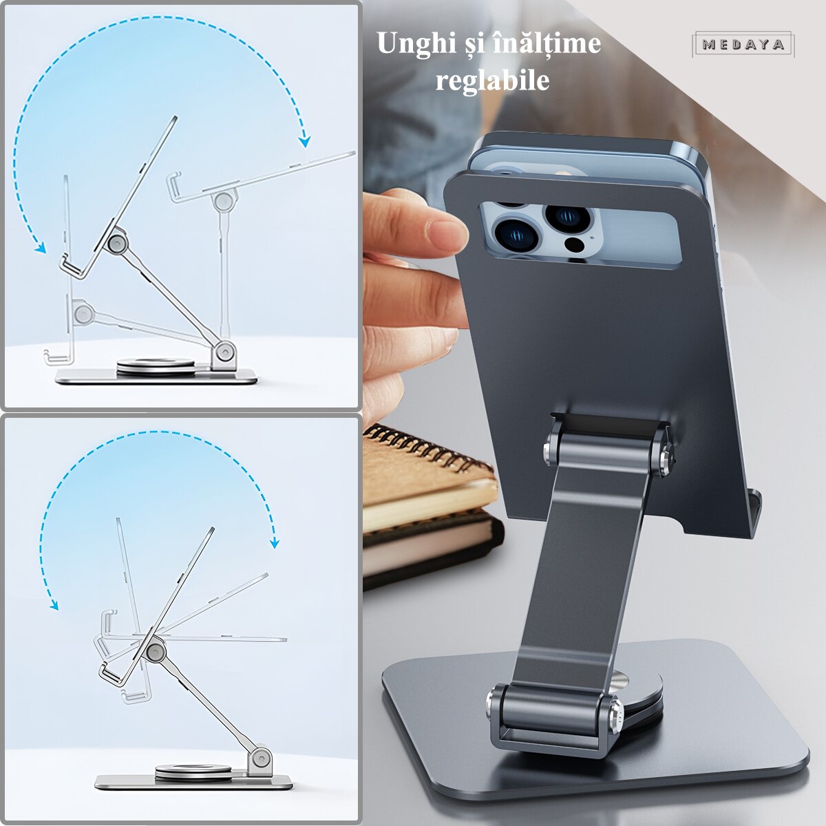 Suport rotativ 360° Medaya portabil, de birou, pentru telefon, tableta ...