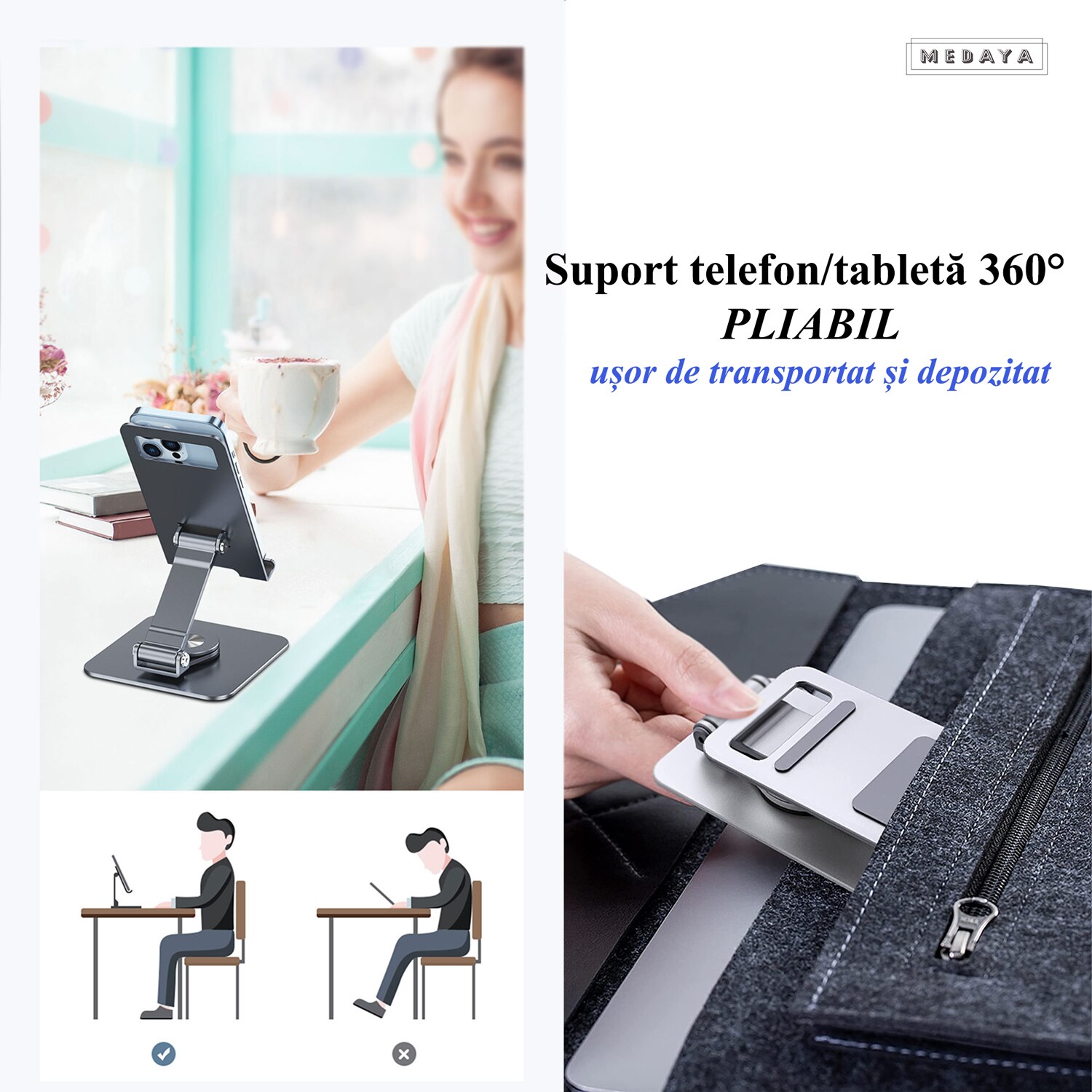 Suport rotativ 360° Medaya portabil, de birou, pentru telefon, tableta ...