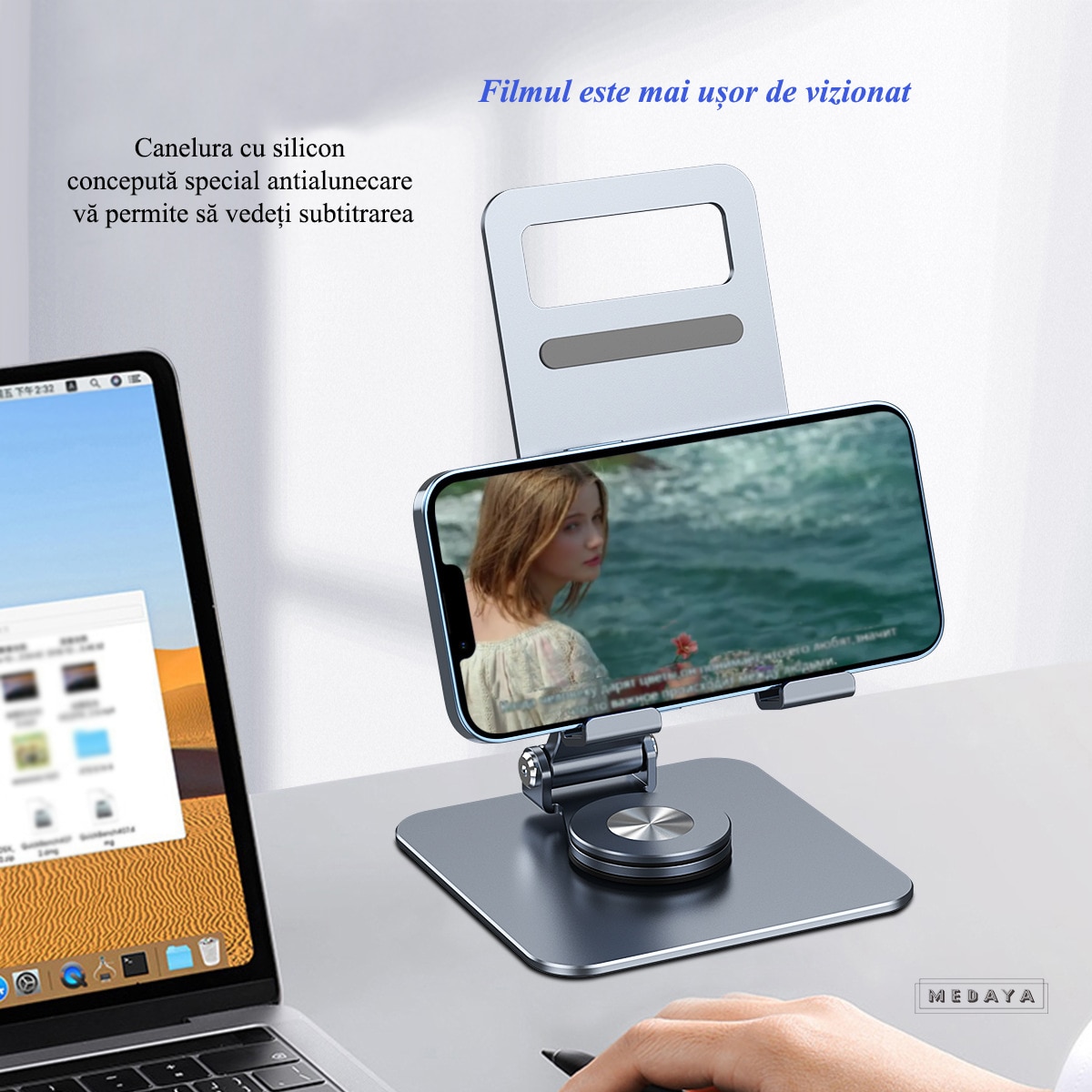 Suport rotativ 360° Medaya portabil, de birou, pentru telefon, tableta ...