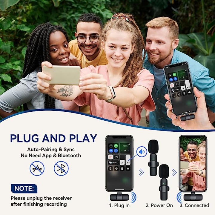 Set 2 microfoane tip lavaliera, KINSI, wireless, lightning, Negru - eMAG.ro