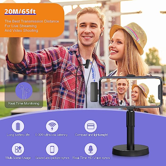 Комплект 2 микрофона KINSI, безжичен, цифров дисплей, тип c, черен мат ...