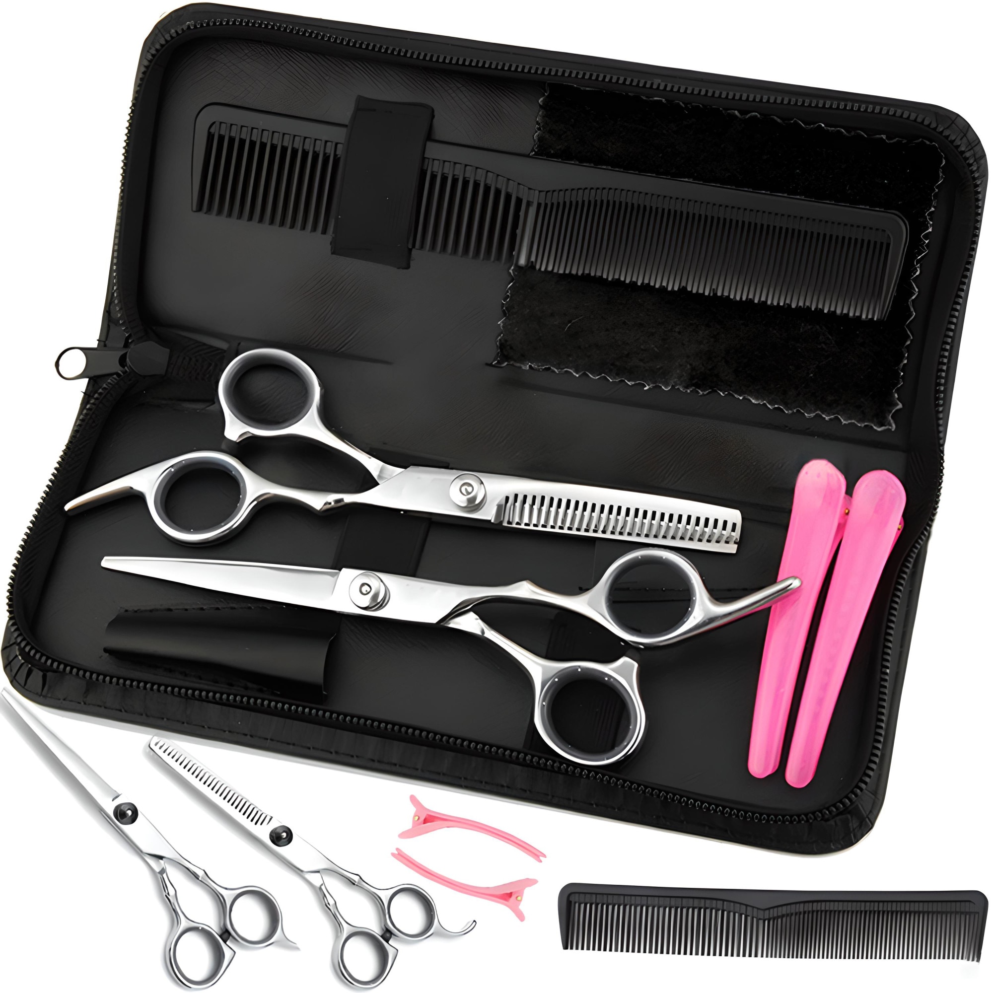 Set 2 Foarfece de Tuns din INOX cu Pieptan, 2 Cleme de Par si Negru ...