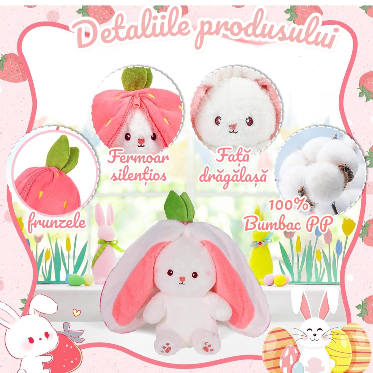 Jucarie de plus Malvys®, Iepurasul Capsunica, Roz/Alb, 45 cm - eMAG.ro